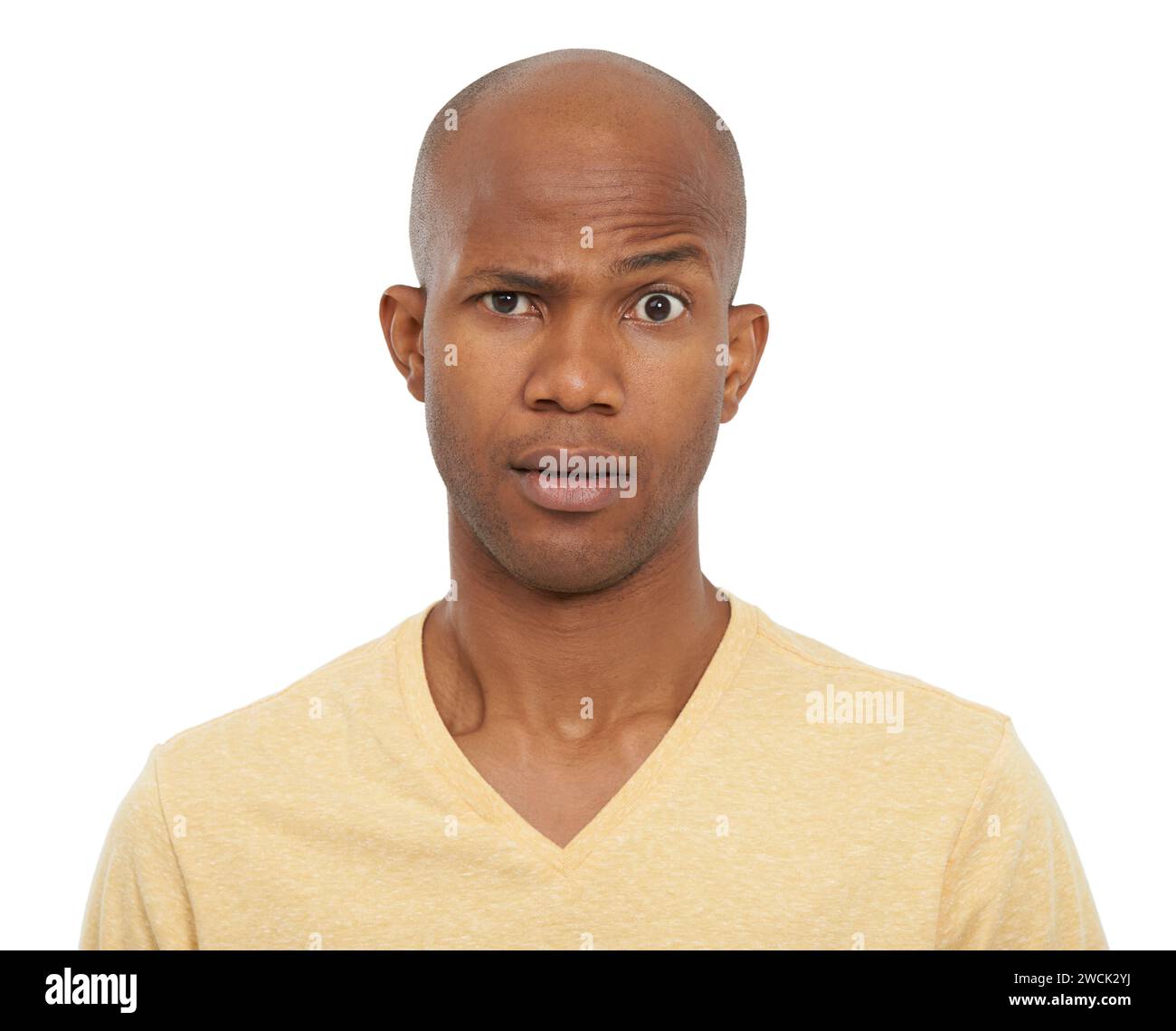 Portrait, confused and black man with doubt, why and model isolated on ...