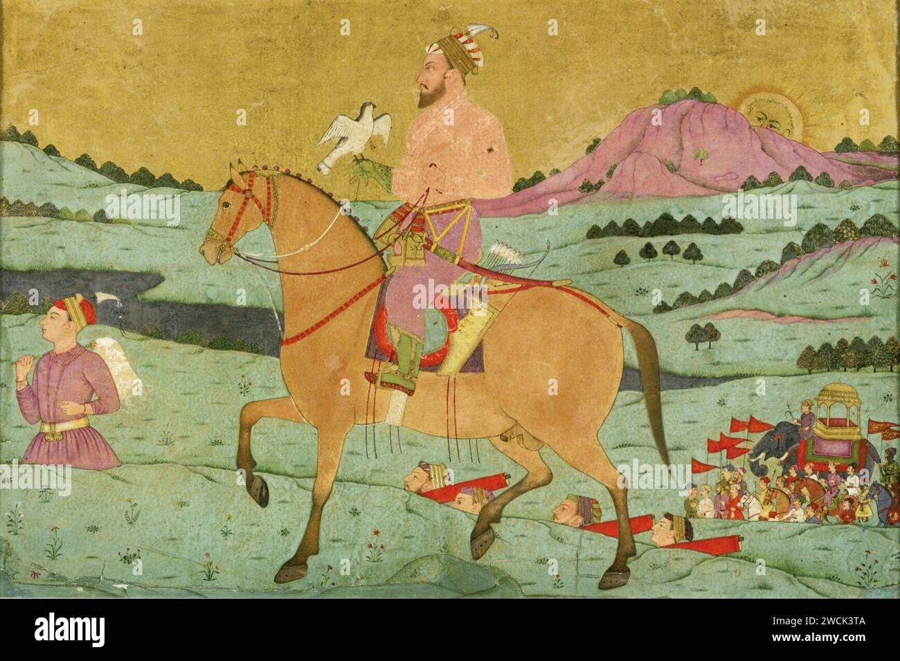 A Mughal nobleman riding through a landscape holding a hawk, India, Deccan, Bijapur, circa 1660 ...