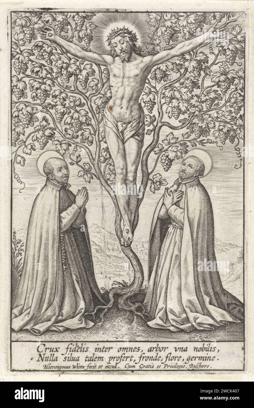 Christ on the cross, worshiped by Ignatius van Loyola and Franciscus Xaverius, Hieronymus Wierix ...