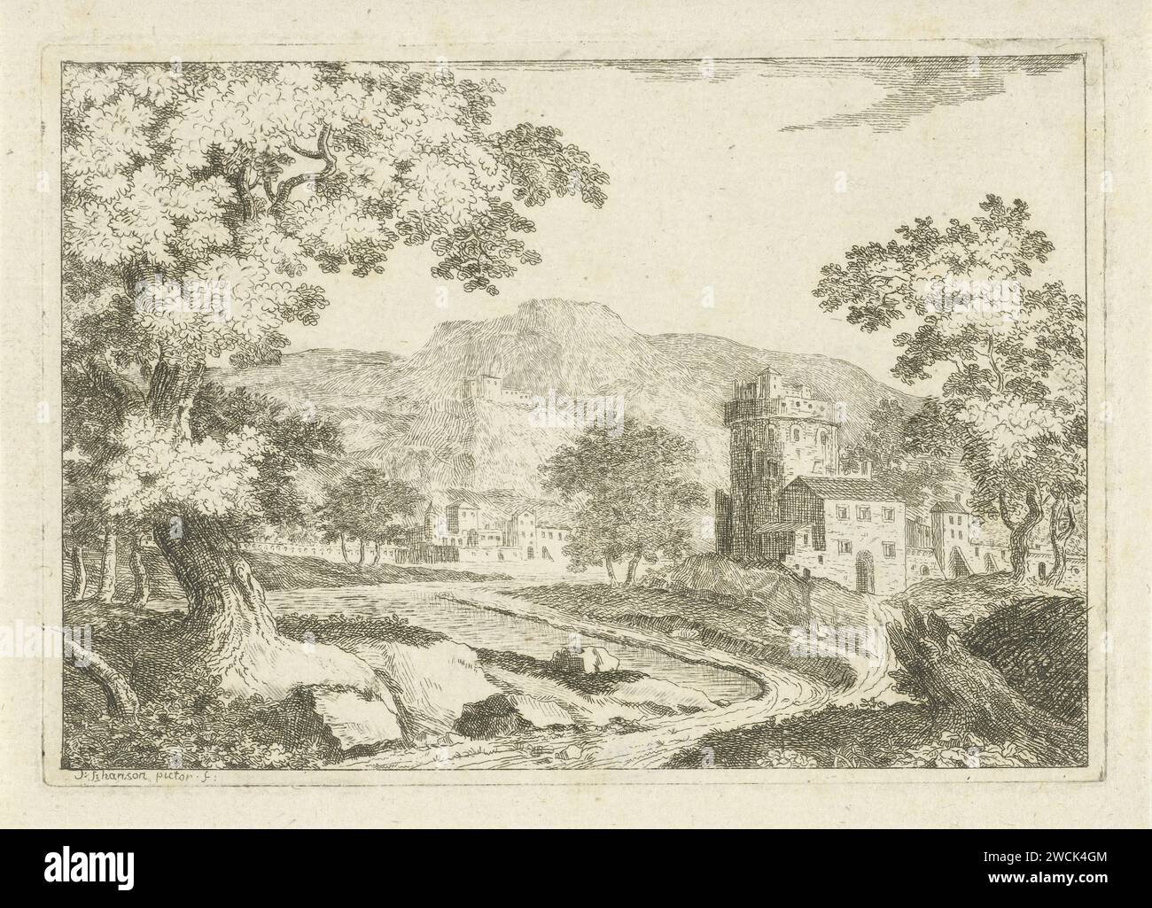 River landscape with houses and towers, Jean Joseph Hanson, 1741 - 1799 ...