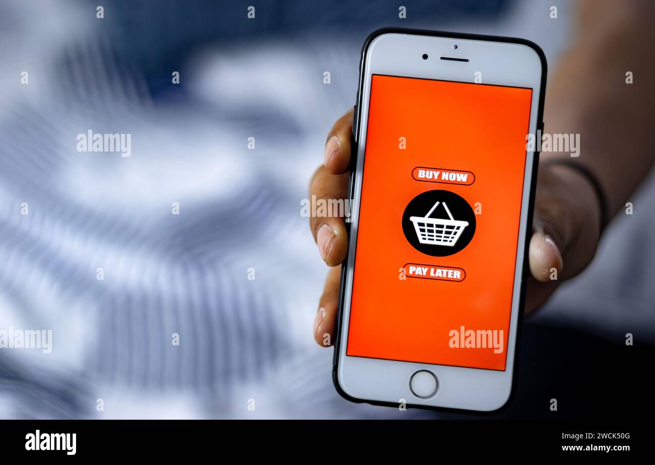 Online shopping concept. Man's hand holding a smartphone with BNPL Buy ...