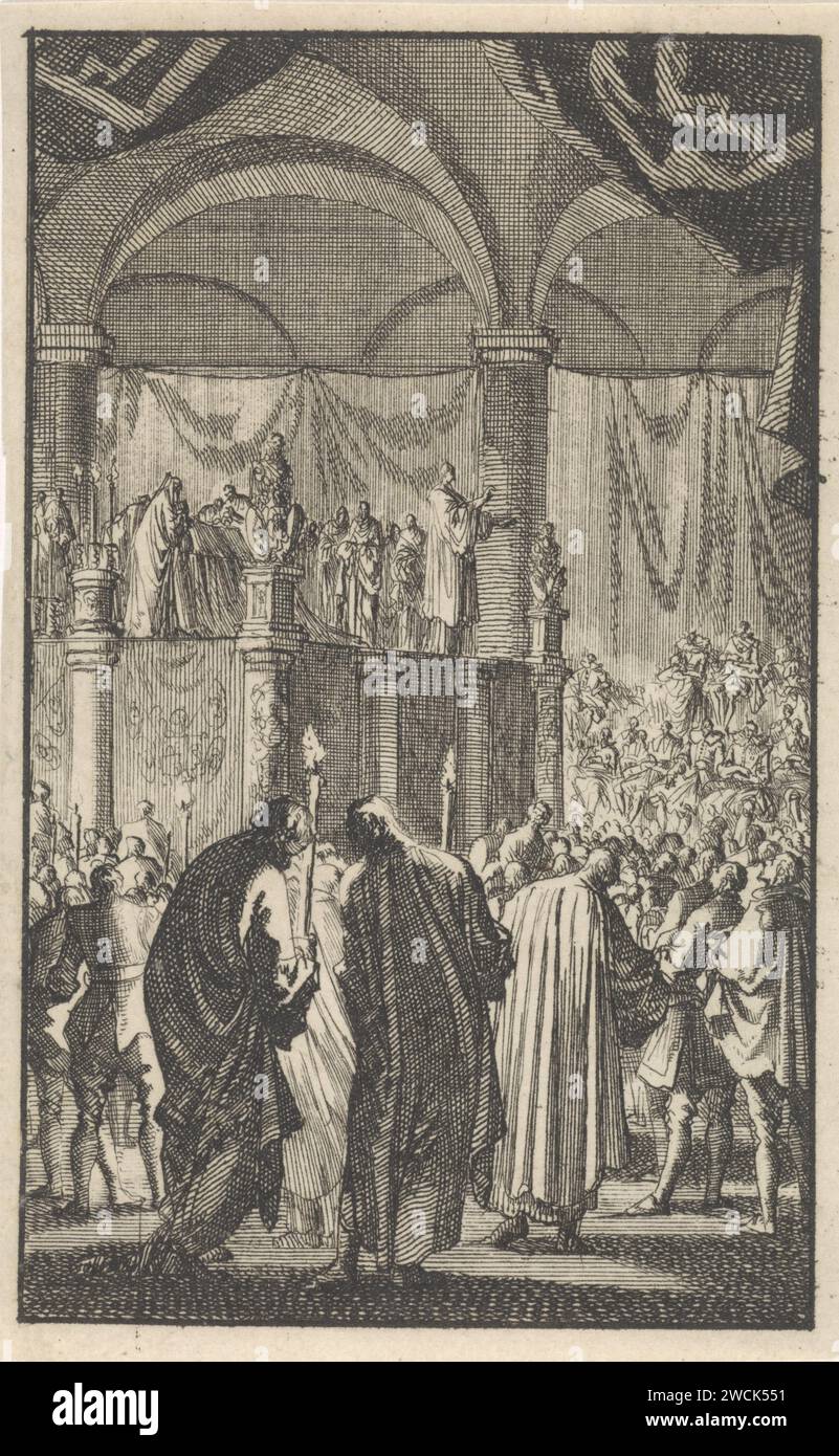 Filip II, 1598, Jan Luyken, 1699 print An interior of a church with the corpse of the Spanish ...