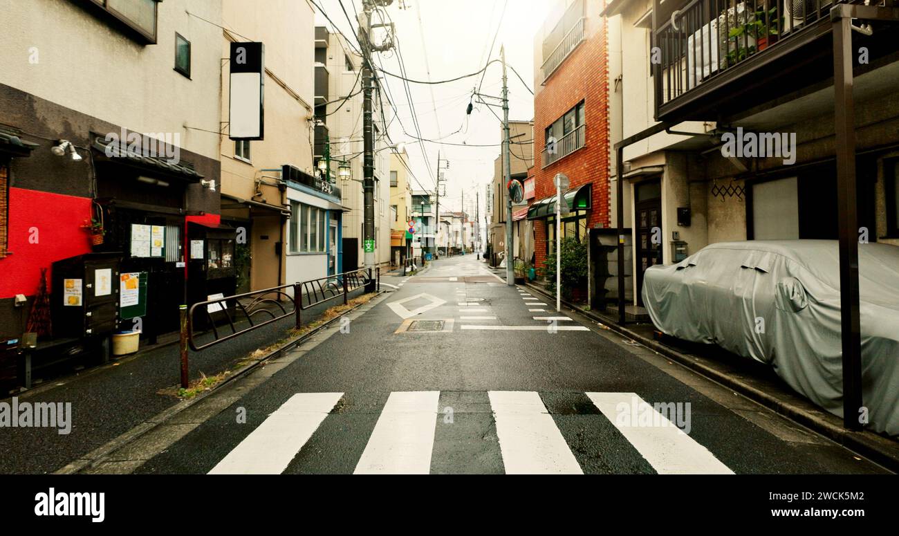 Cityscape, street and crosswalk for safety, walking and commute for ...