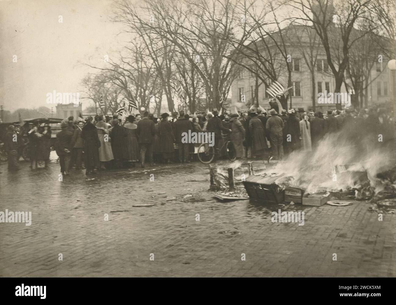 A pile of German textbooks, from the Baraboo High School, burning on a ...