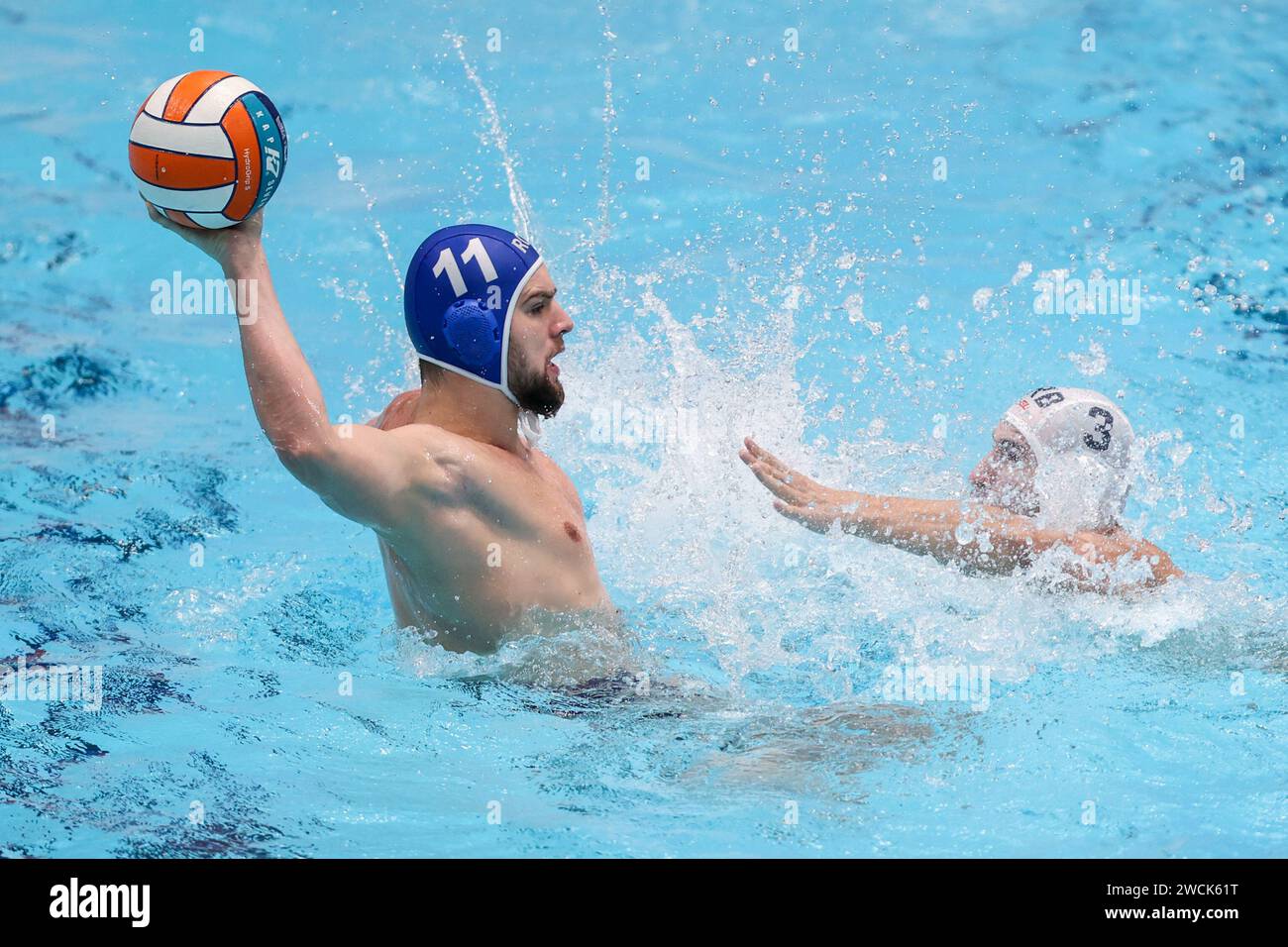 Zagreb, Croatia. 16th Jan, 2024. Strahinja Rasovic of Serbia attempts ...