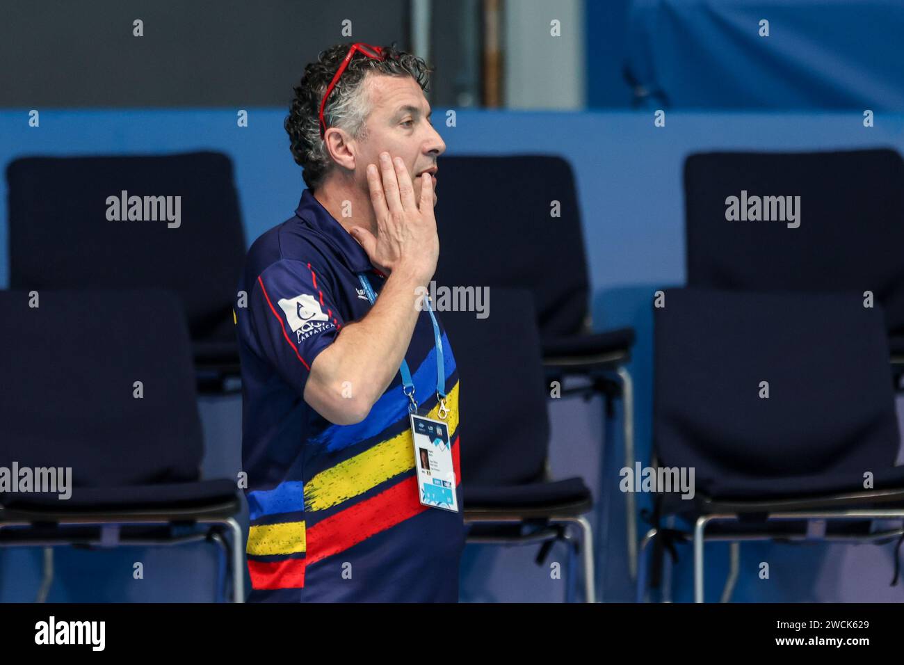 Zagreb, Croatia. 16th Jan, 2024. Head Coach of Romania Bogdan Rath ...