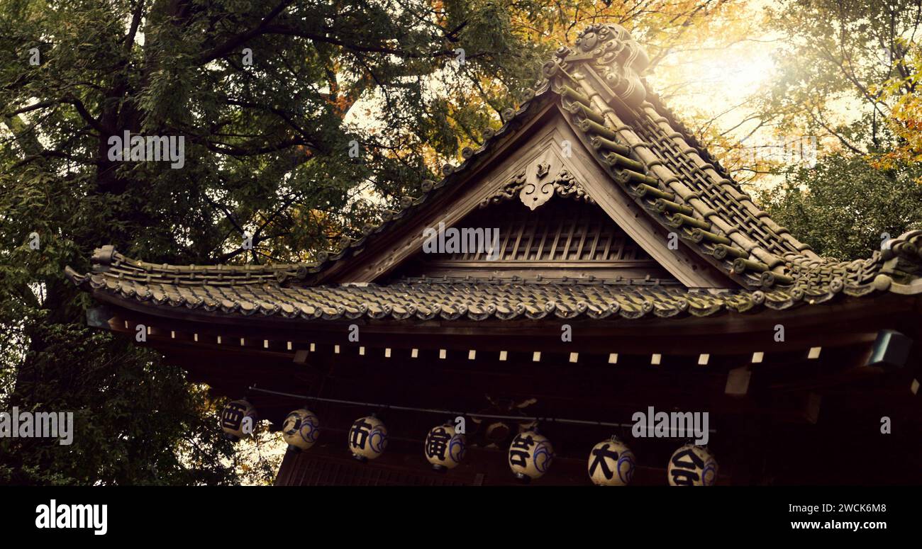 Japanese, temple and building for praise religion or worship, peace or ...