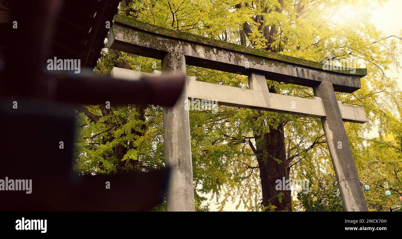 Shinto shrine, temple or torii for faith at building for praise ...
