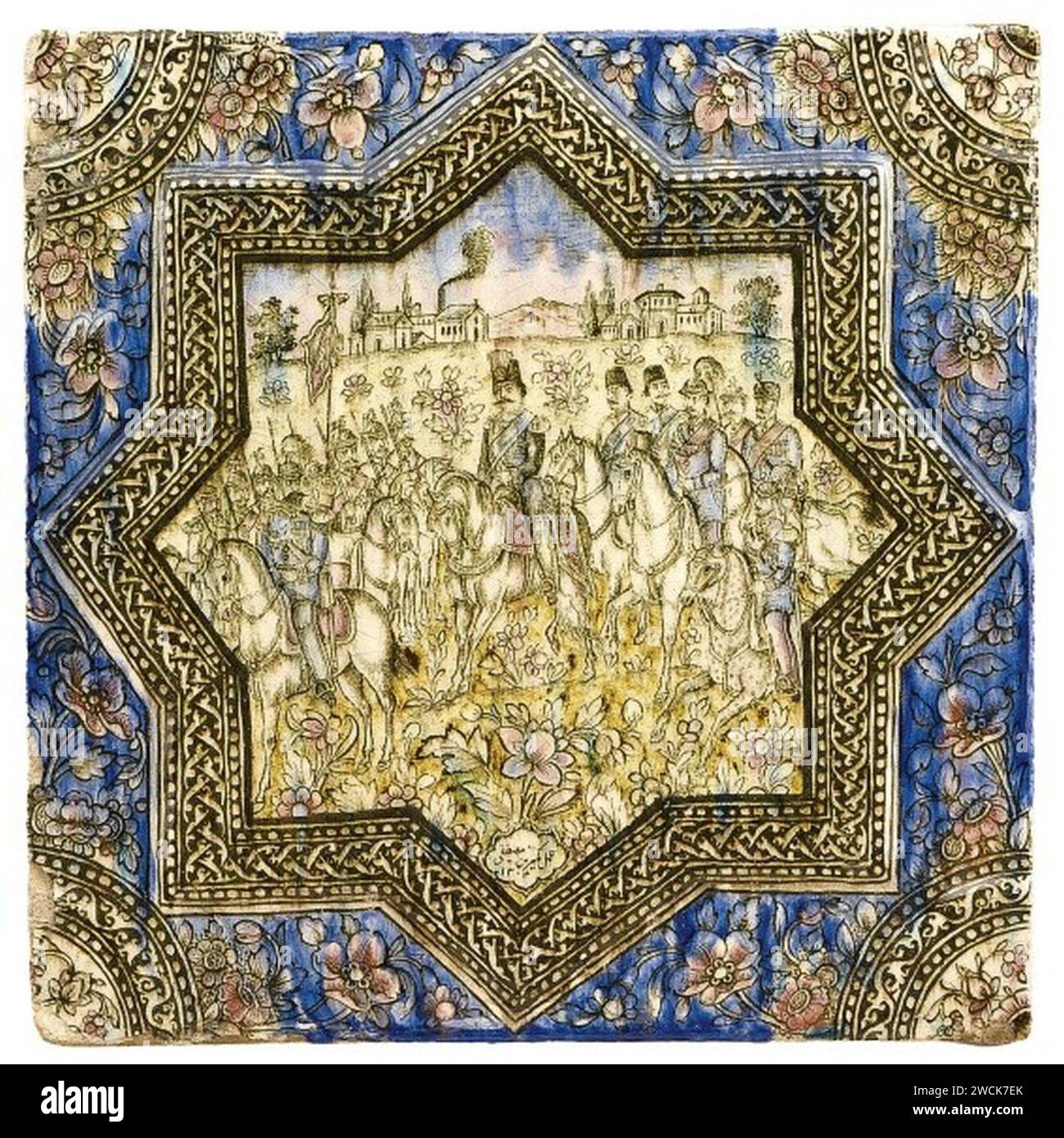 A Qajar ceramic tile depicting royal scene depicting Qajar monarch ...