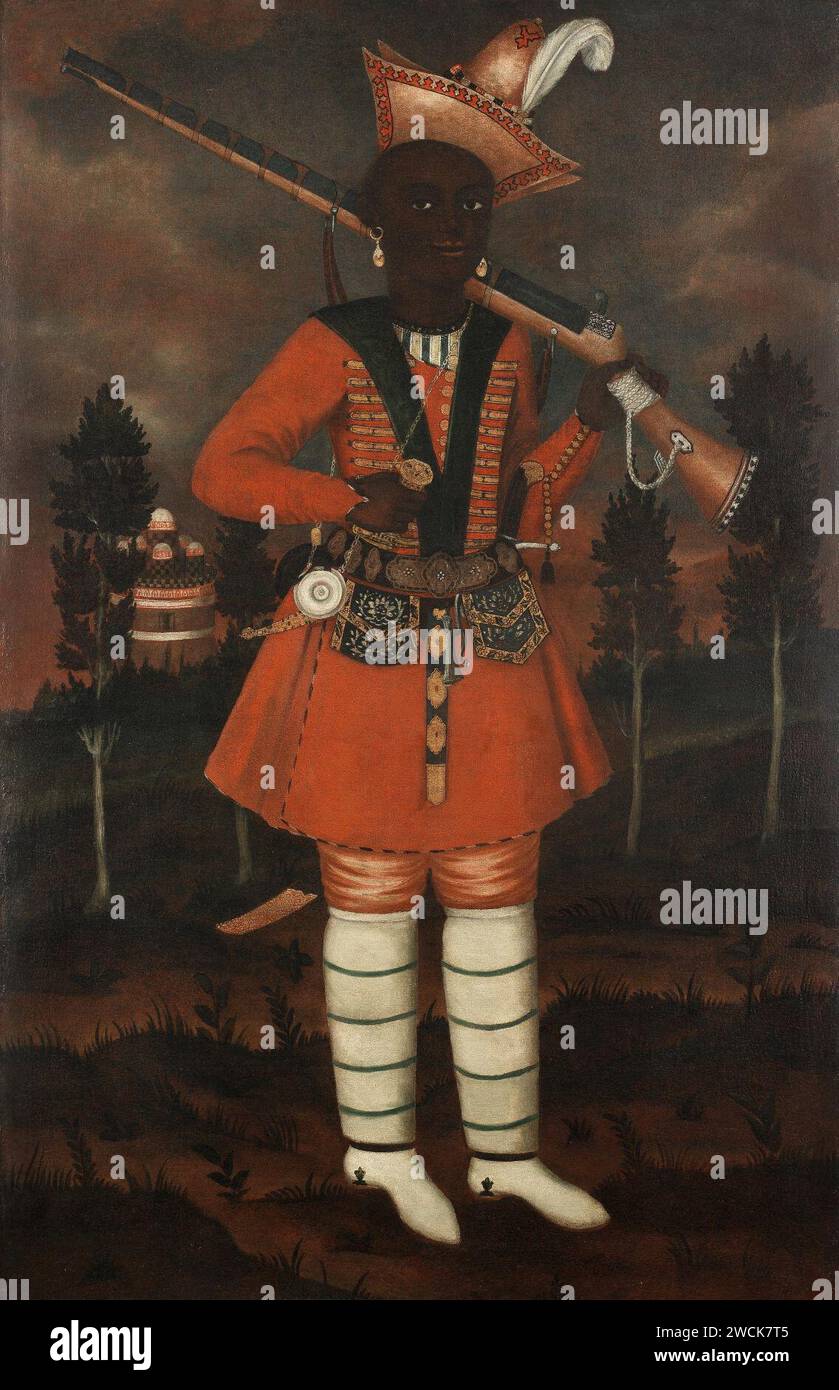 A rare Safavid oil painting of an African soldier, Persia, Isfahan ...