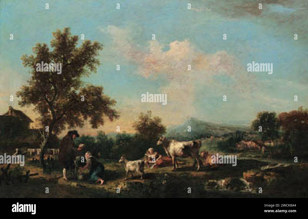 A river landscape with peasants, cattle and goats near farm buildings ...