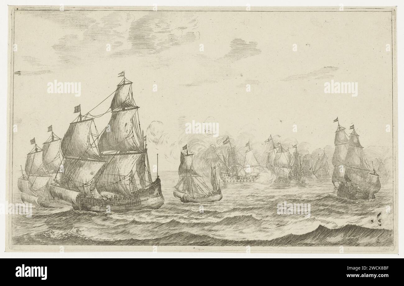 Sea battle, Reinier Nooms, 1652 - 1726 print Left Dutch merchant ships ...