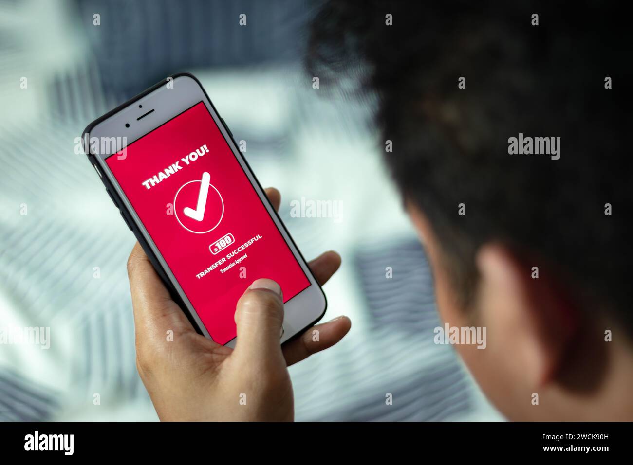 Money Transfer. Online payment. Man holding Smartphone with successful ...