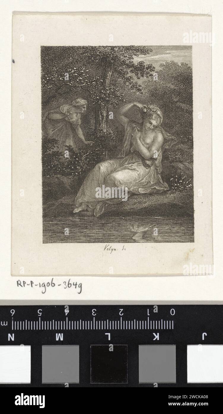 Woman on a stream and a woman between the trees, Philippus Velijn, 1823 print A woman washes ...