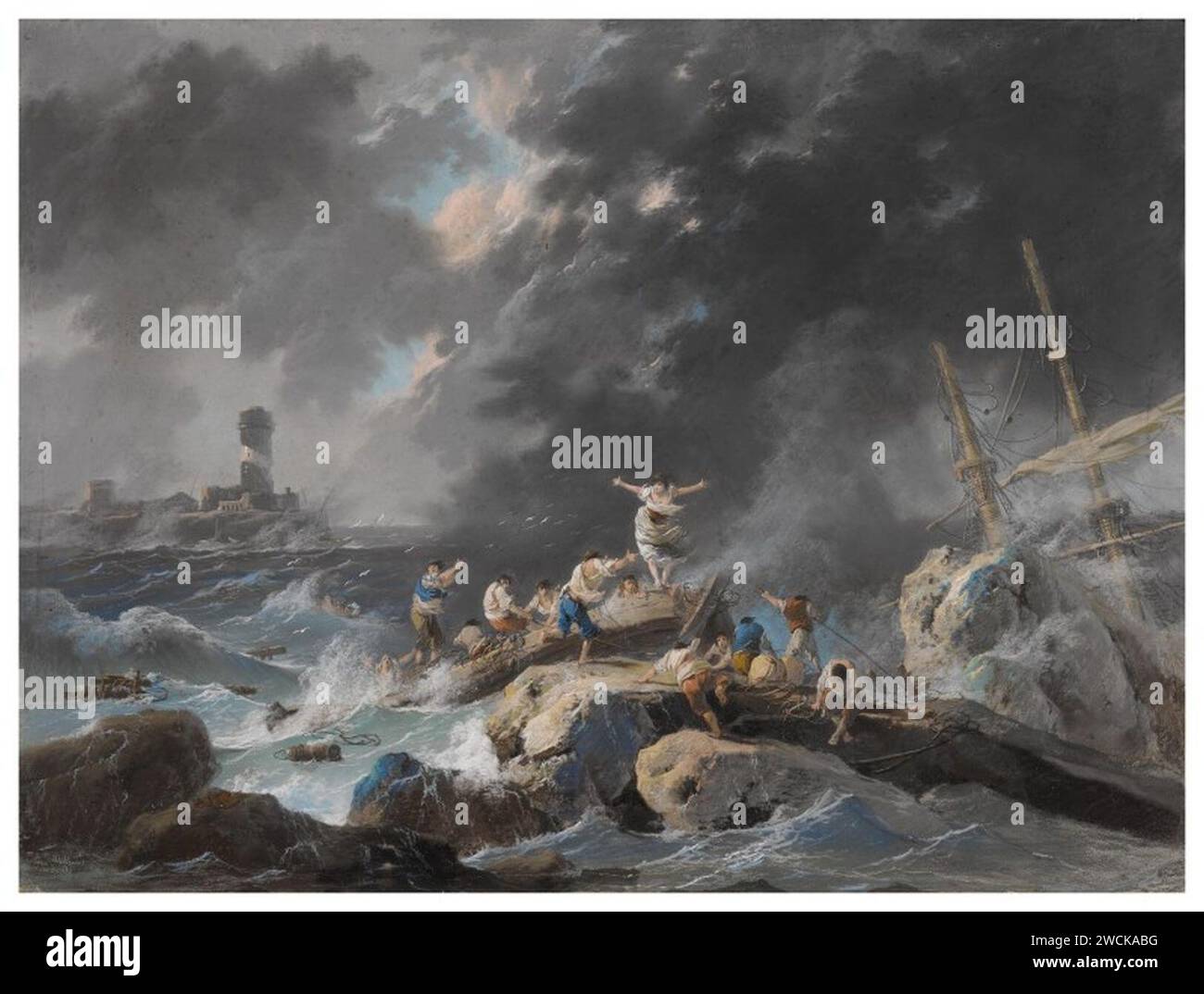 A shipwreck on a coast during a storm, a lighthouse beyond Stock Photo ...