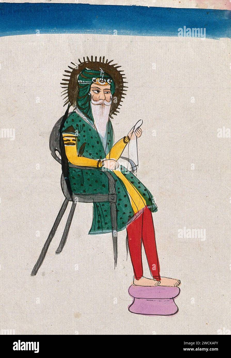 A Sikh man (Maharaja Ranjit Singh) with a halo sitting on a chair ...