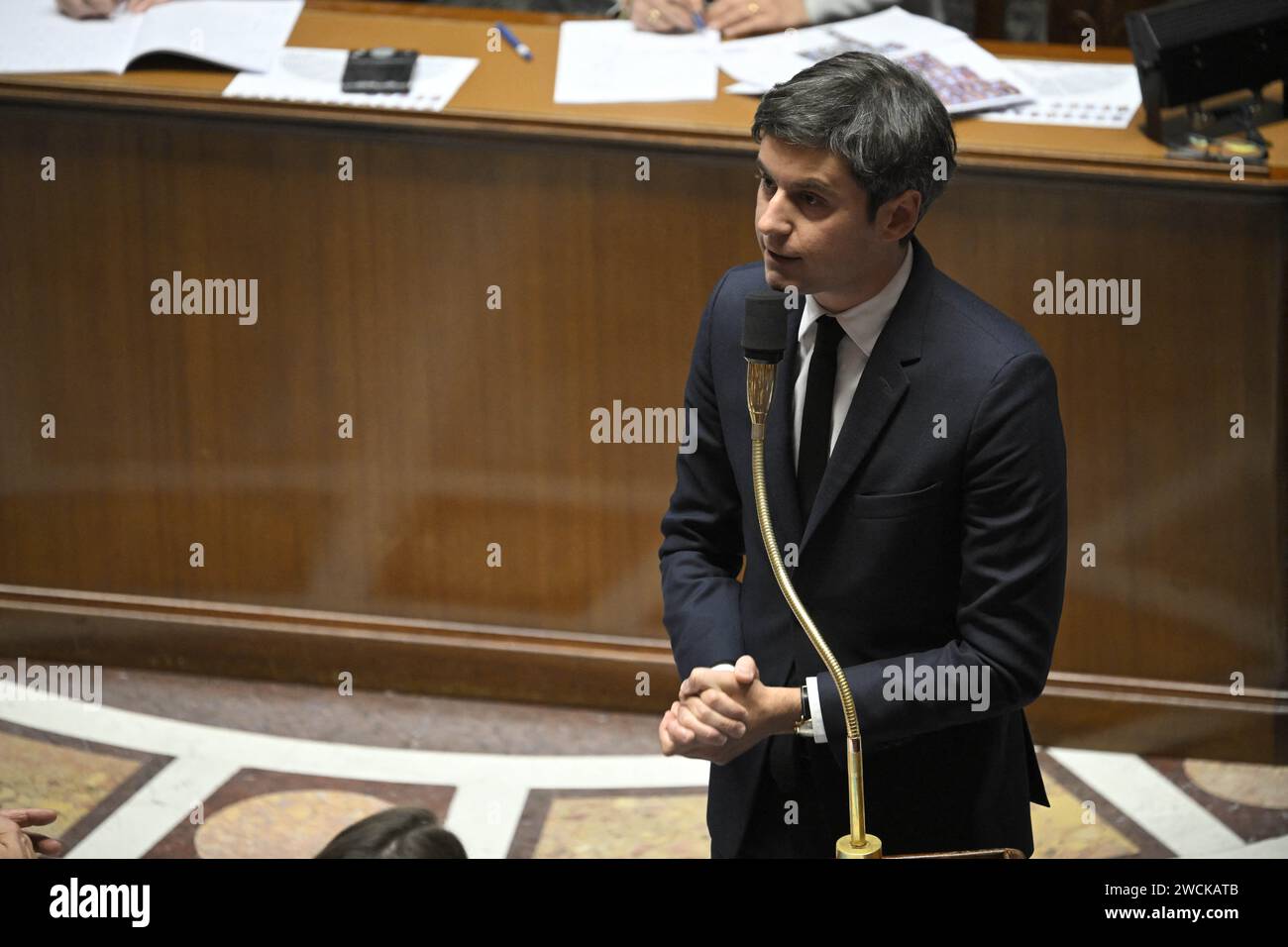 Paris, France. 16th Jan, 2024. French Prime Minister Gabriel Attal ...