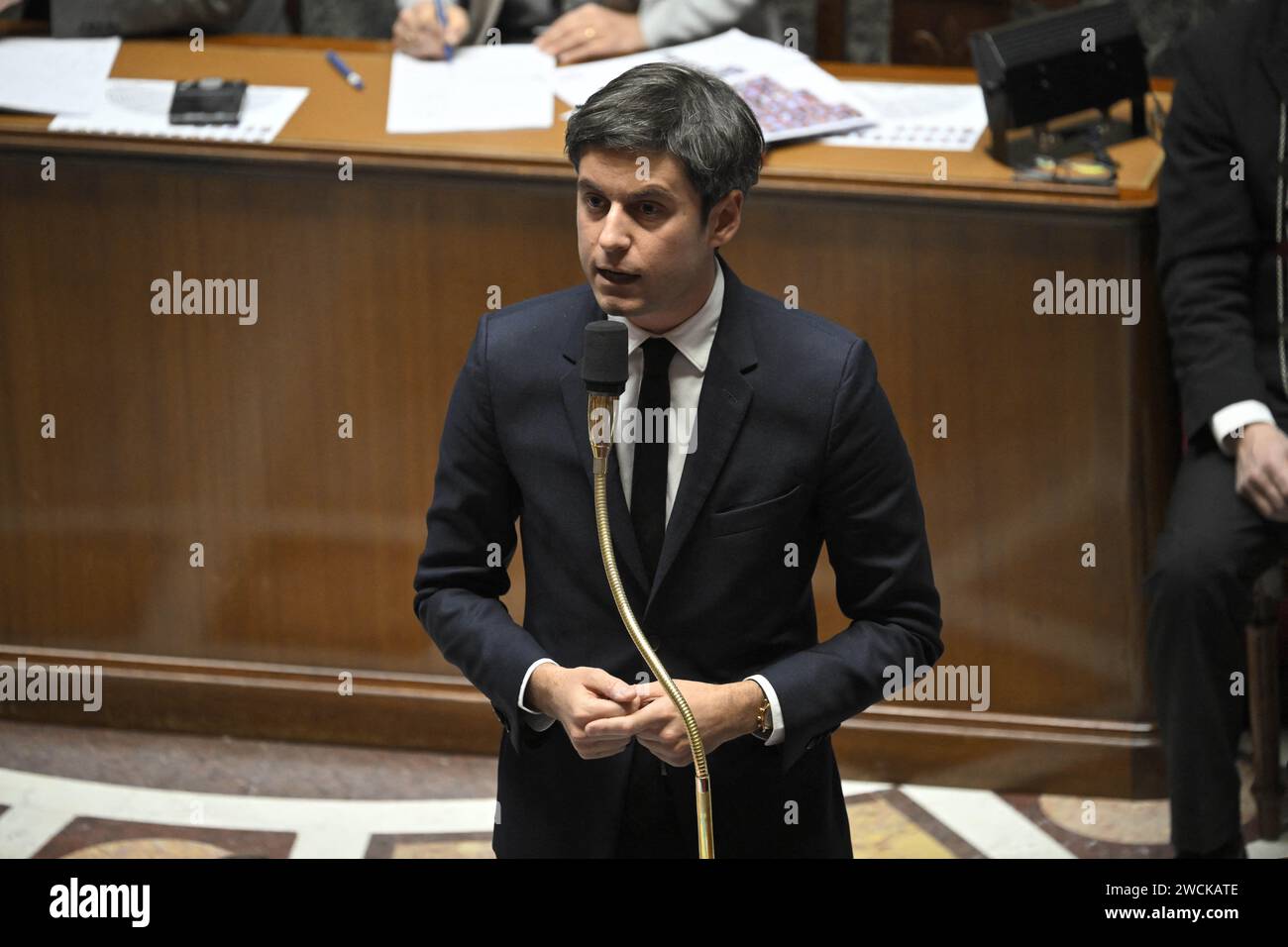 Paris, France. 16th Jan, 2024. French Prime Minister Gabriel Attal ...