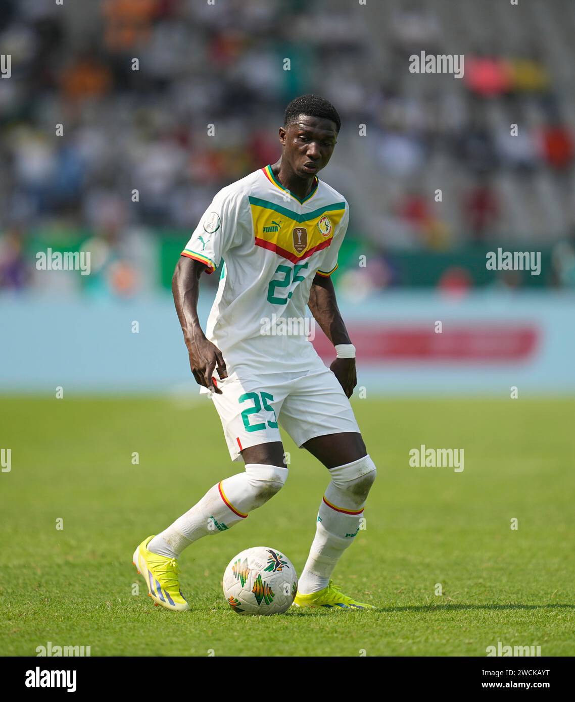 January 15 2024: Lamine Camara (Senegal) controls the ball during a ...