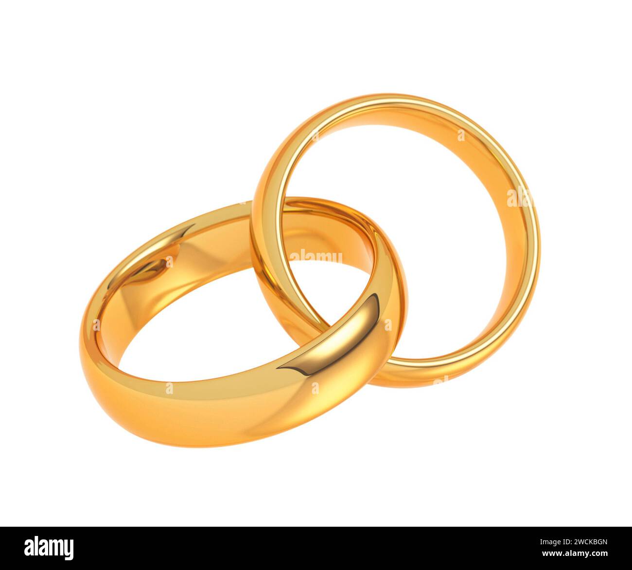 Two golden wedding ring bands on white background. Love and marriage ...