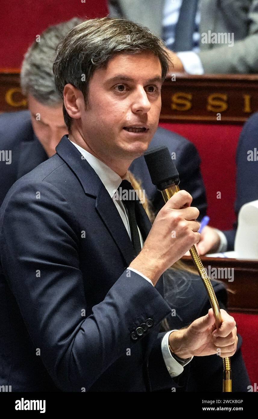 French Prime Minister Gabriel Attal speaks during the first session of ...
