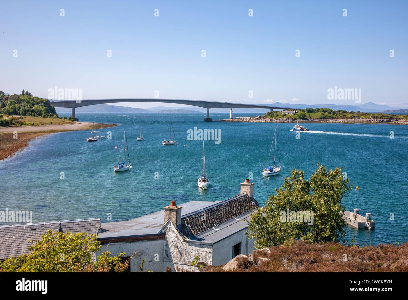 The Skye Bridge and plock of Kyle Lighthouse from Kyleakin, Isle of ...