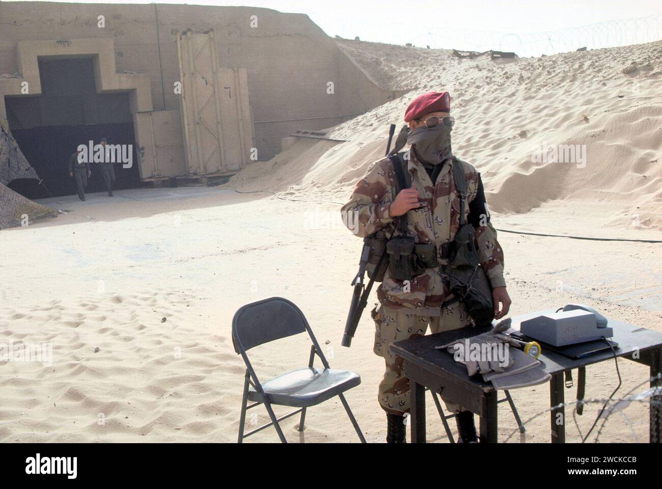 A U.S. soldier stands guard outside a bunker during exercise Bright ...