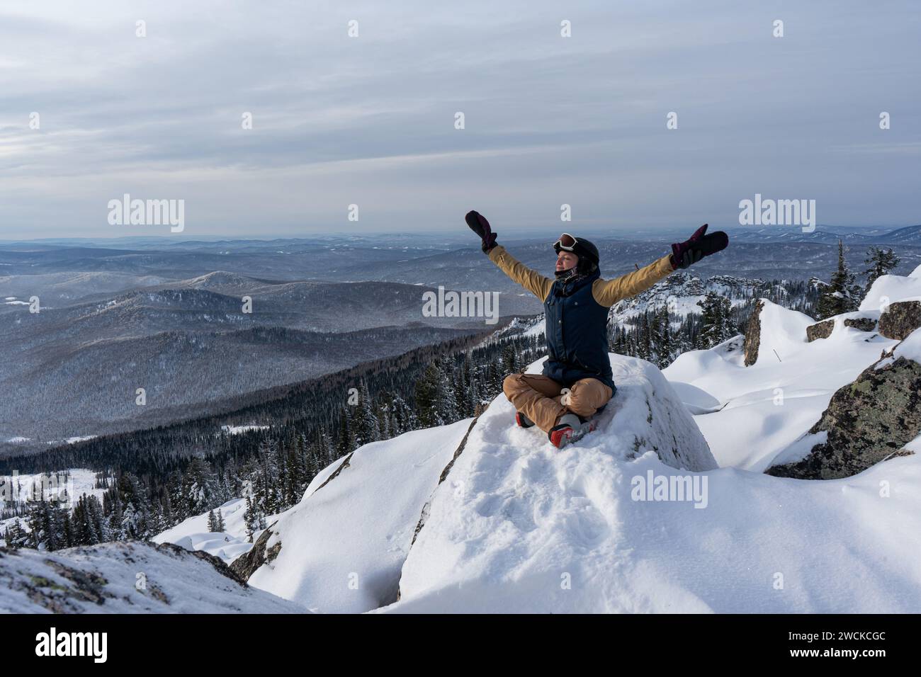 Happy winter vacation concept. Woman traveling exploring, enjoying the ...