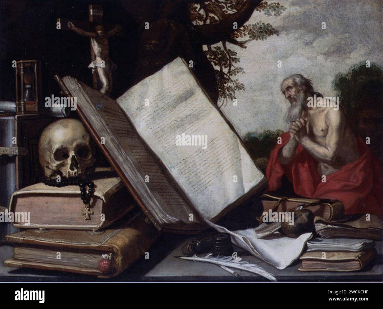 A vanitas still liffe with books, a skull, a crucifix and an hour-glass ...