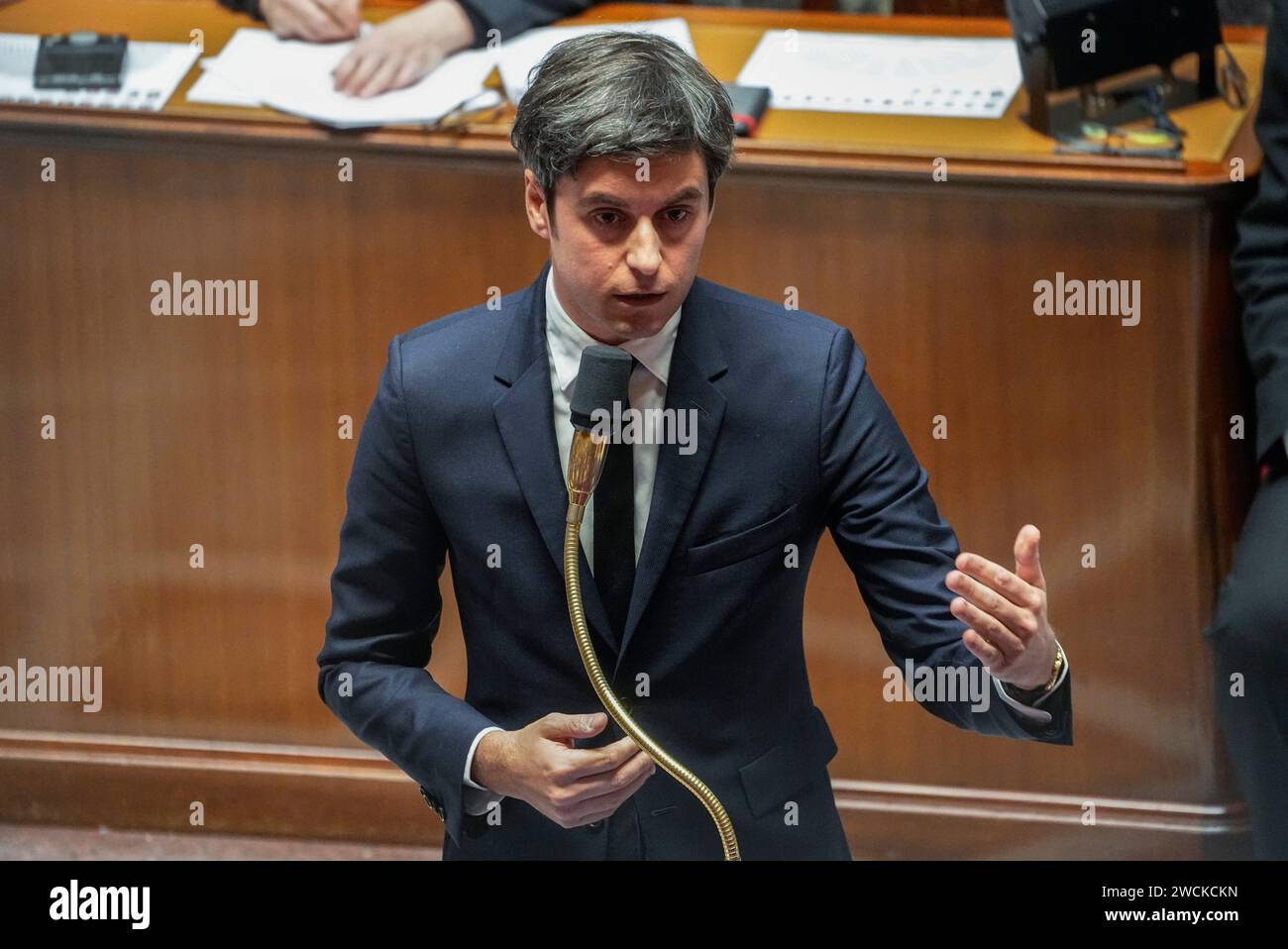 French Prime Minister Gabriel Attal gestures as he speaks during the ...