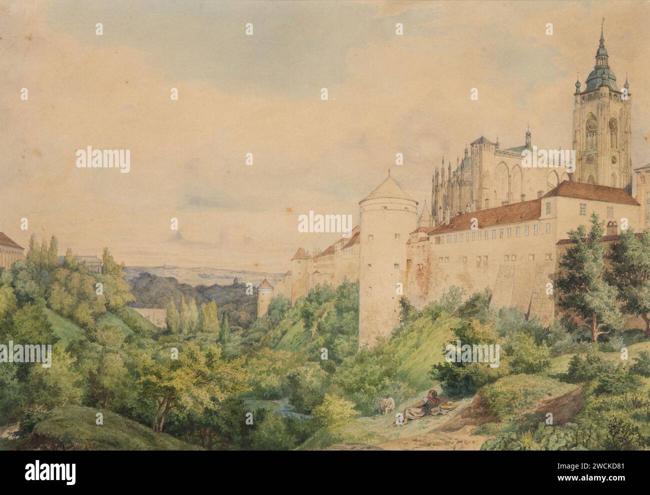 A View of Prague Castle from the Powder Bridge 1850 Stock Photo - Alamy