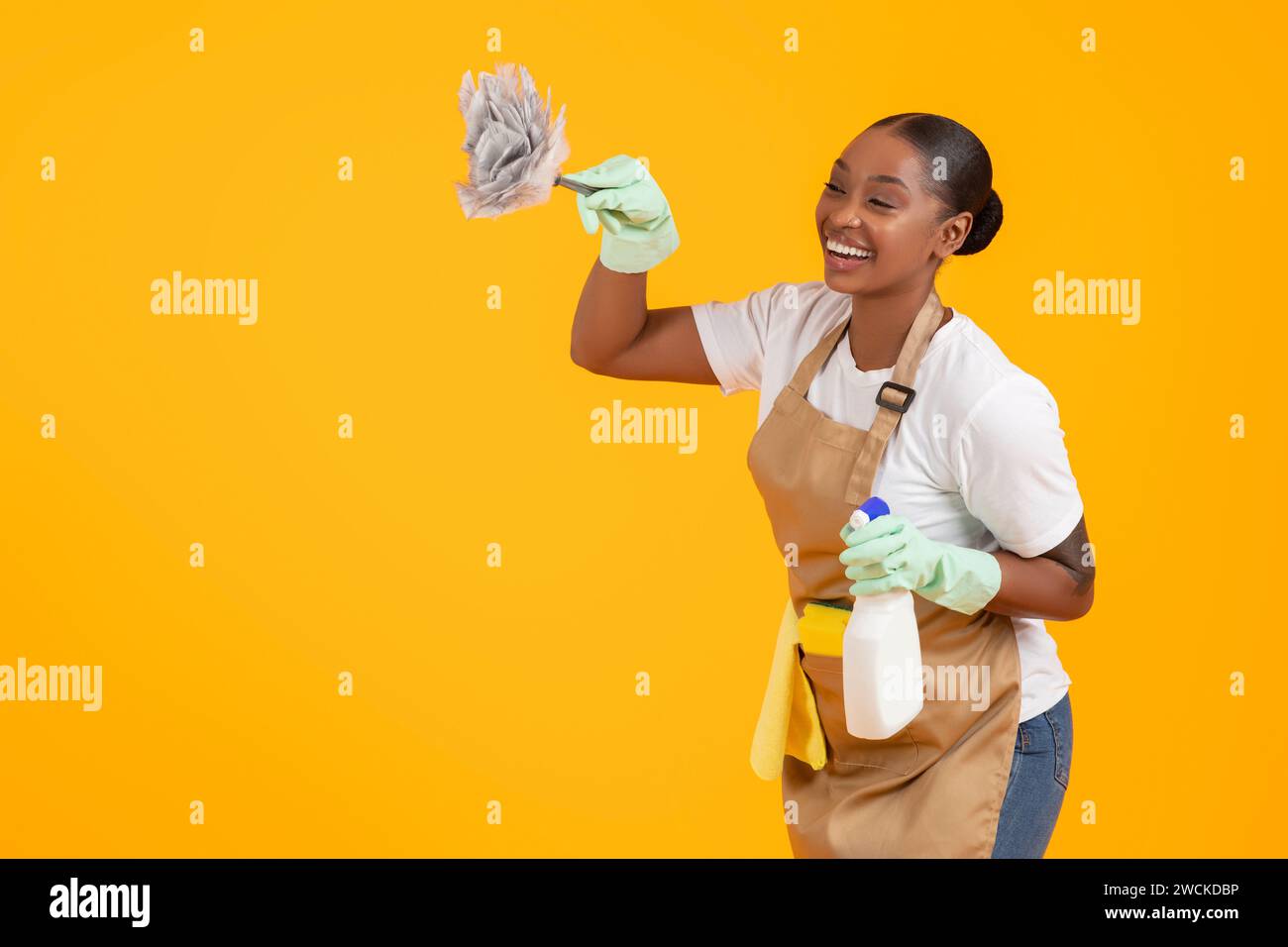 professional black cleaner woman dusting copy space over yellow ...