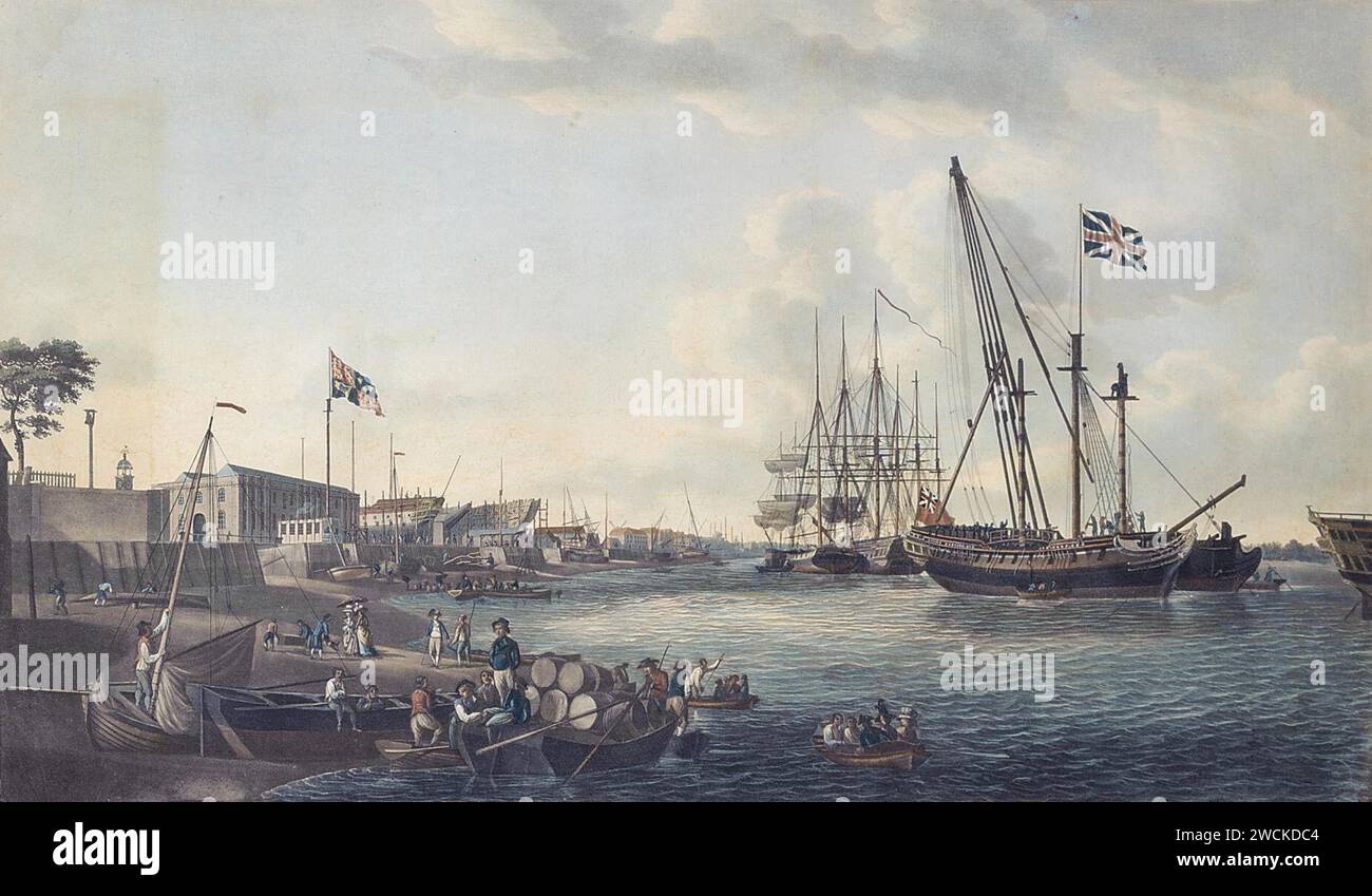 A view of the Royal Dockyard at Deptford by Robert Dodd Stock Photo - Alamy