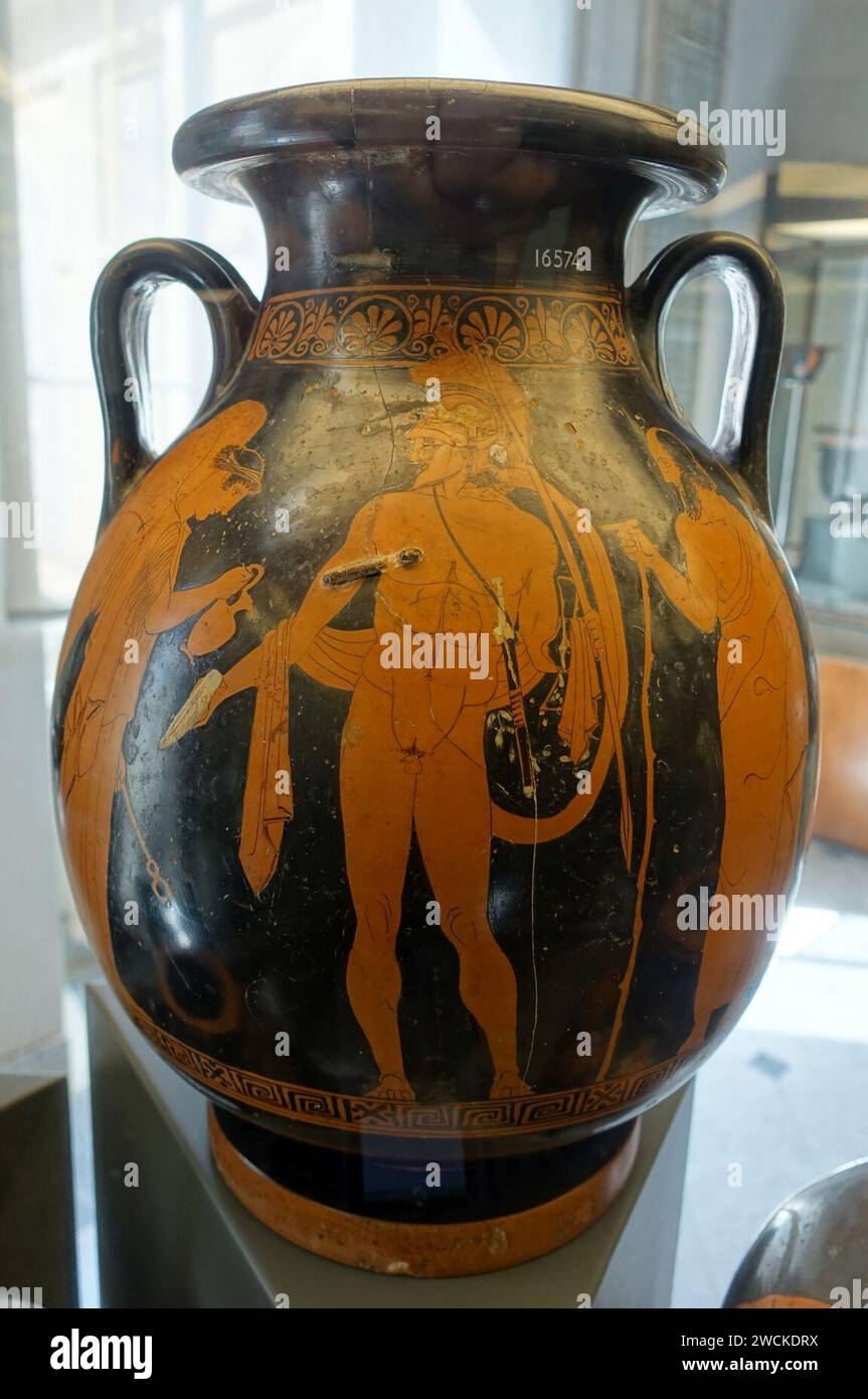 A Warrior Leaving Home, Attic red-figure pelike, by the Lykaon Painter ...
