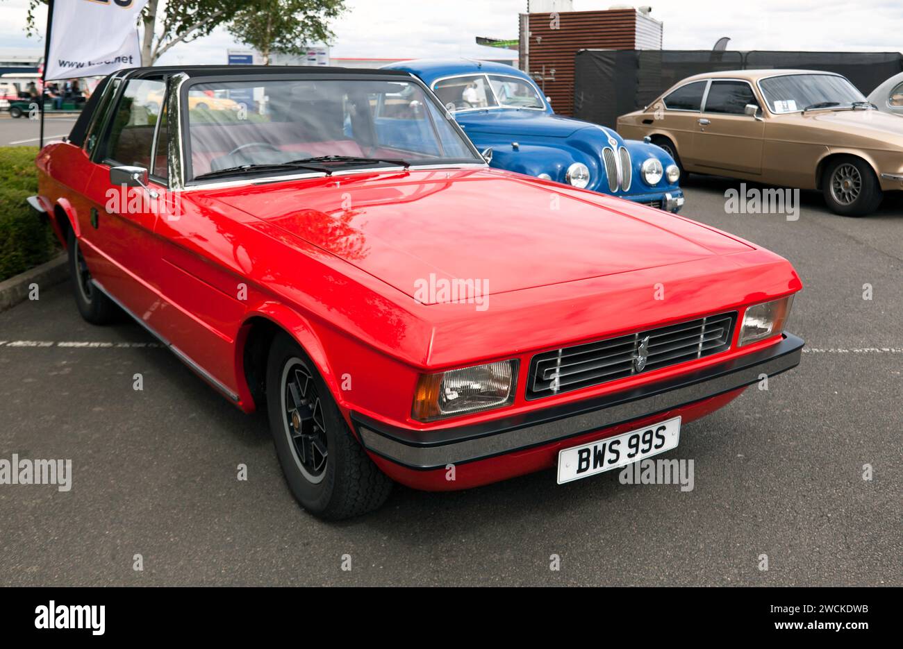 Three-quarters front view of a Red, 1977, Bristol 412, on display at ...