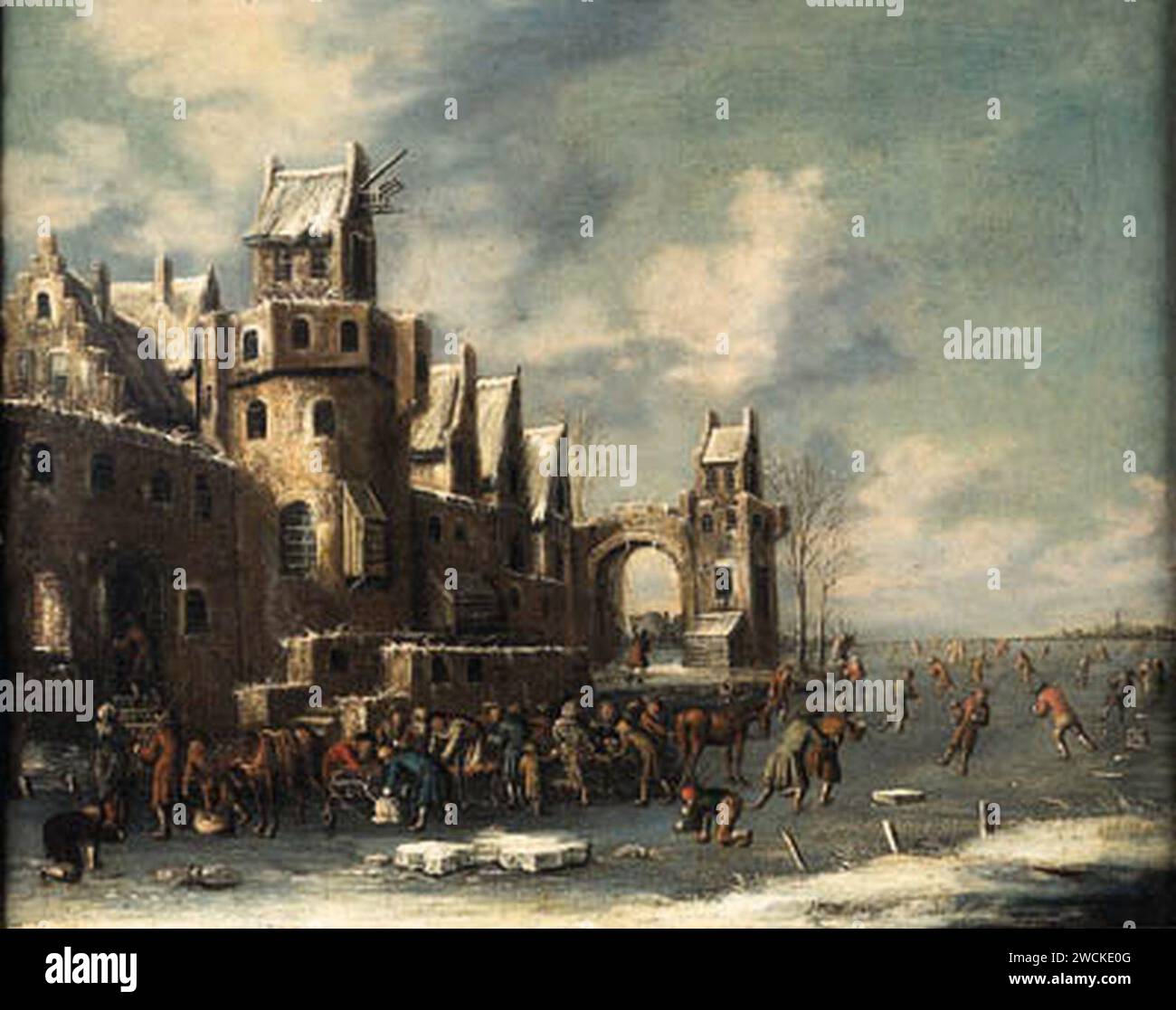 A winter landscape, with skaters and horse-drawn sledges beneath the ...
