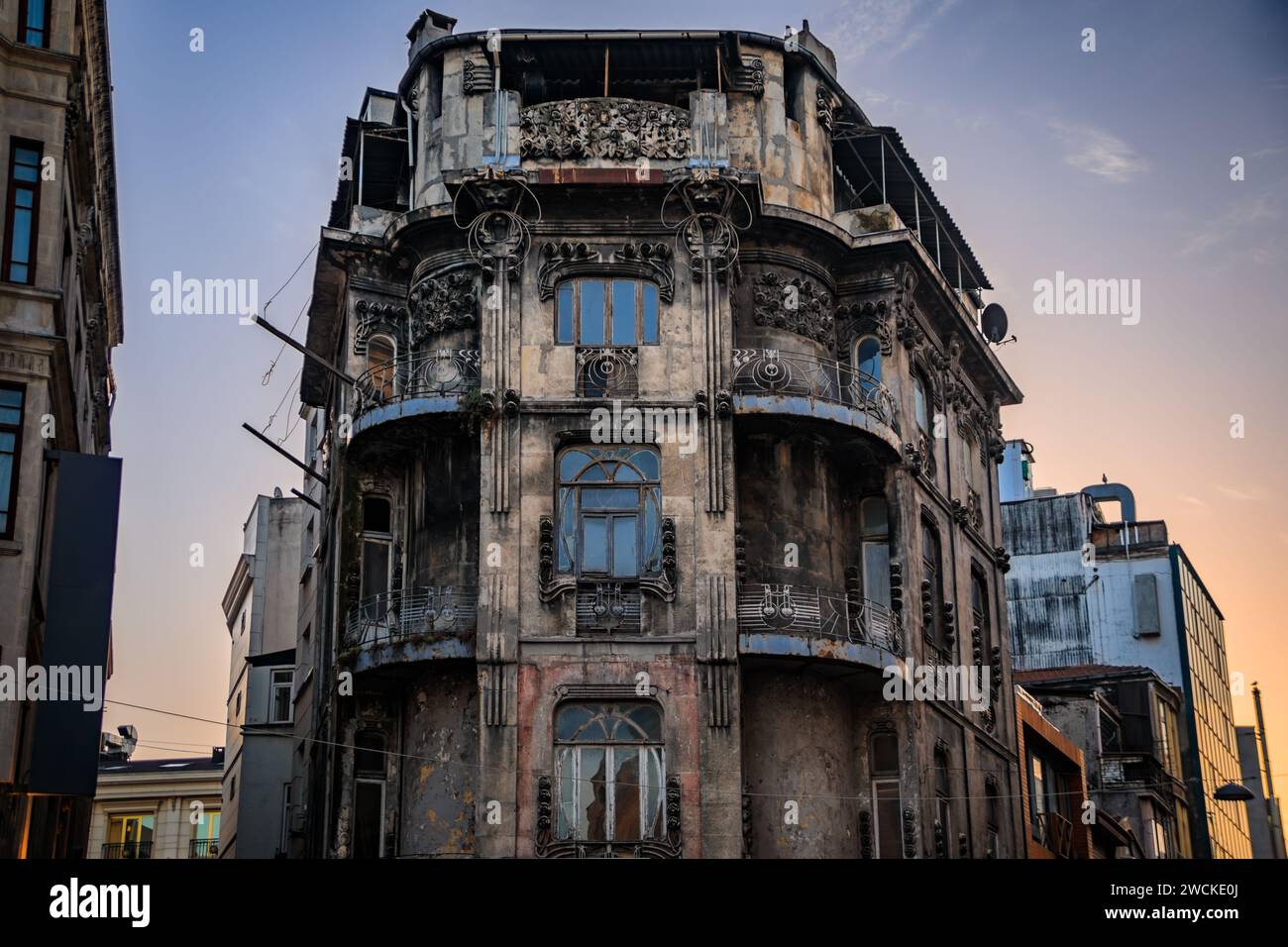 Facade of a run down abandoned art nouveau building on the Historic ...