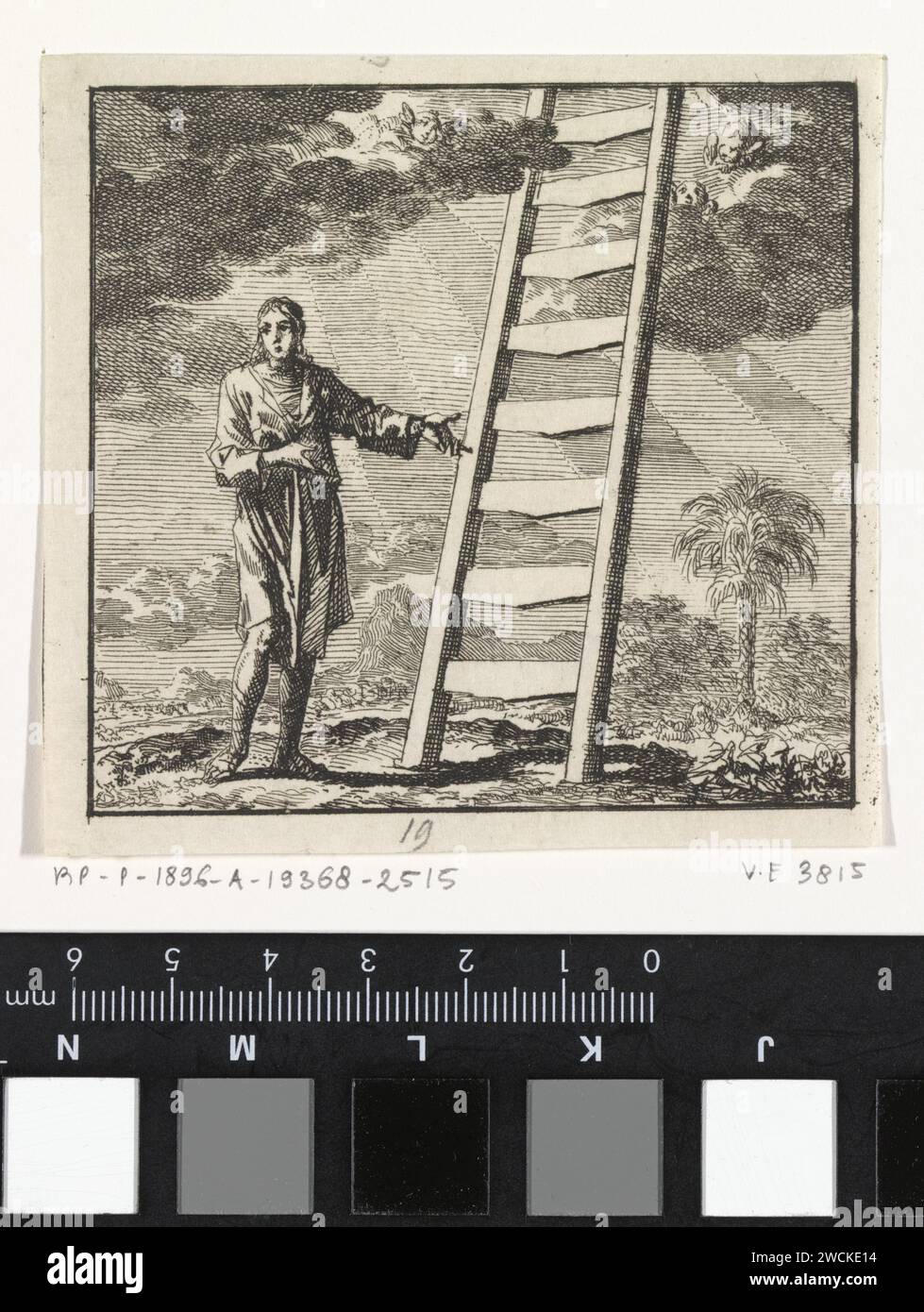 Man points to a ladder that reaches to heaven, Jan Luyken, 1710 print ...