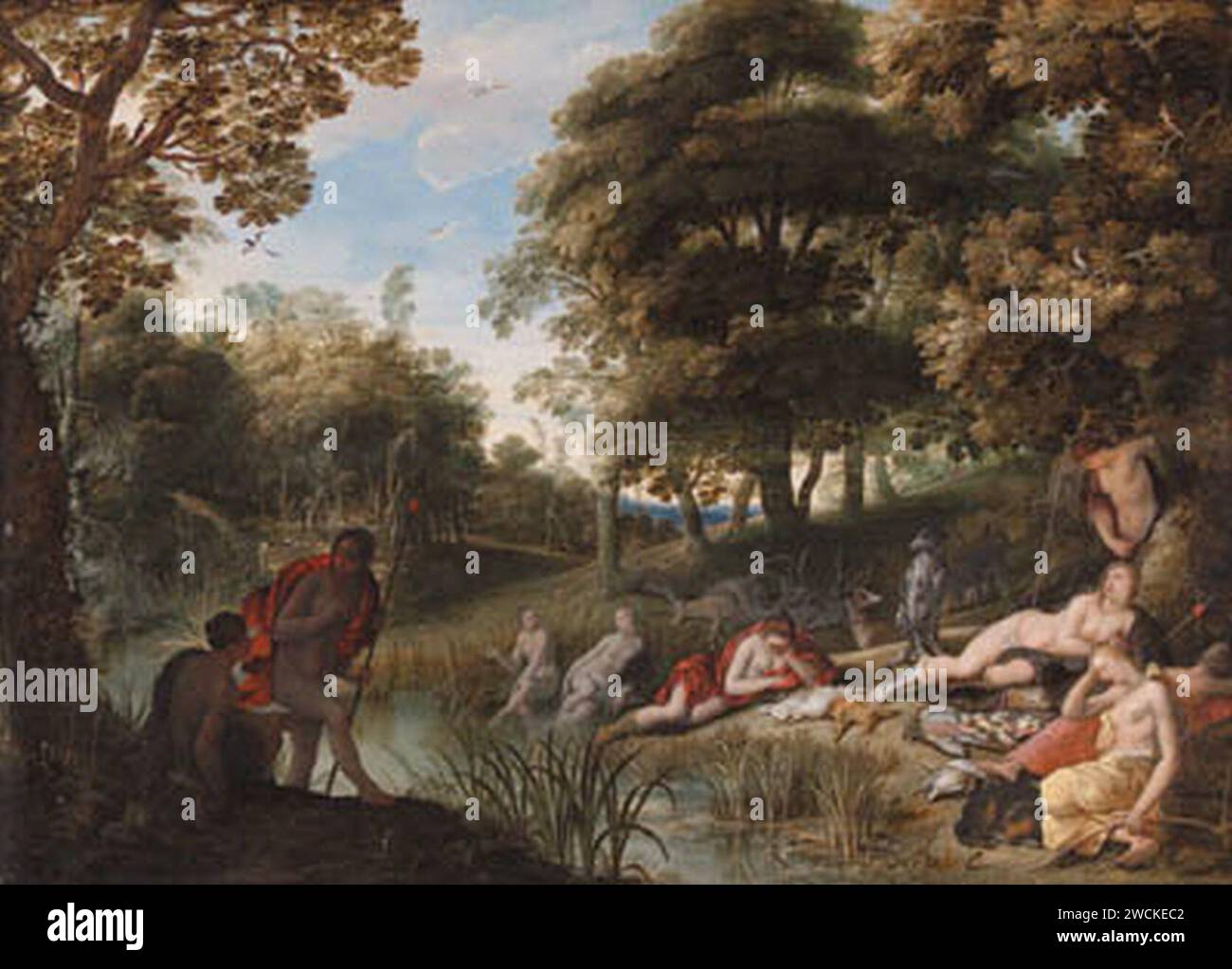 A wooded landscape with Diana and her nymphs resting after the chase ...