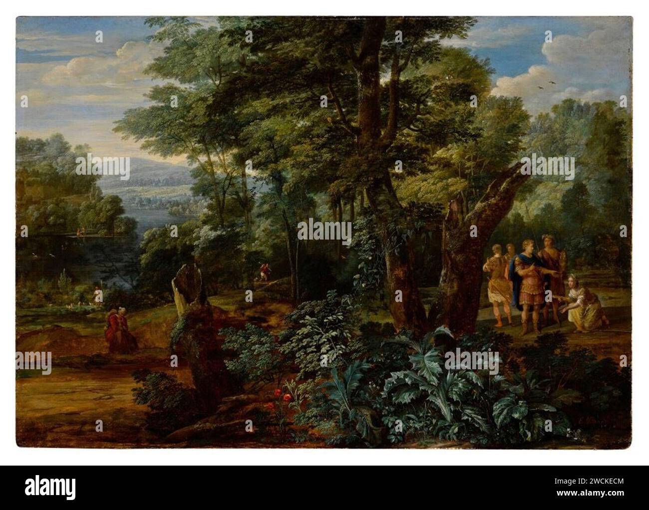 A wooded river landscape with Semiramis receiving the crown from Ninus ...