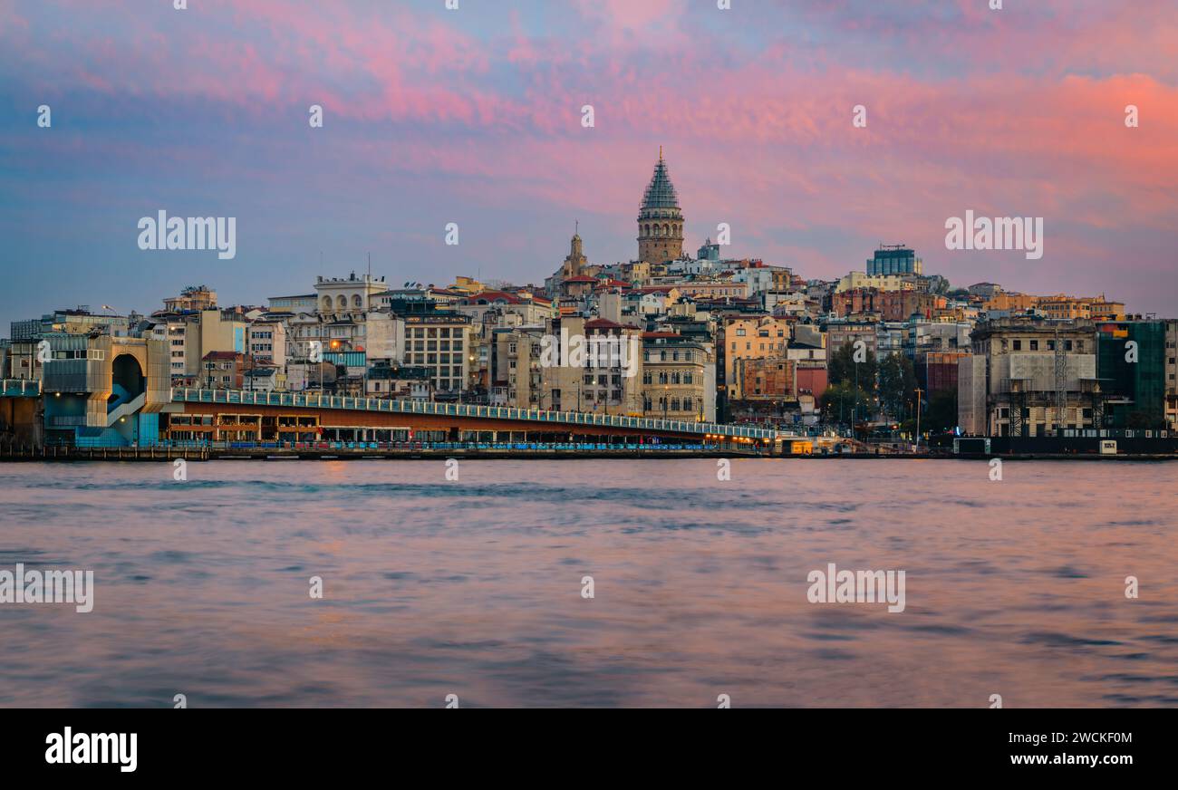 Sunrise cityscape of the Karakoy area across Bosphorus Strait by Galata ...
