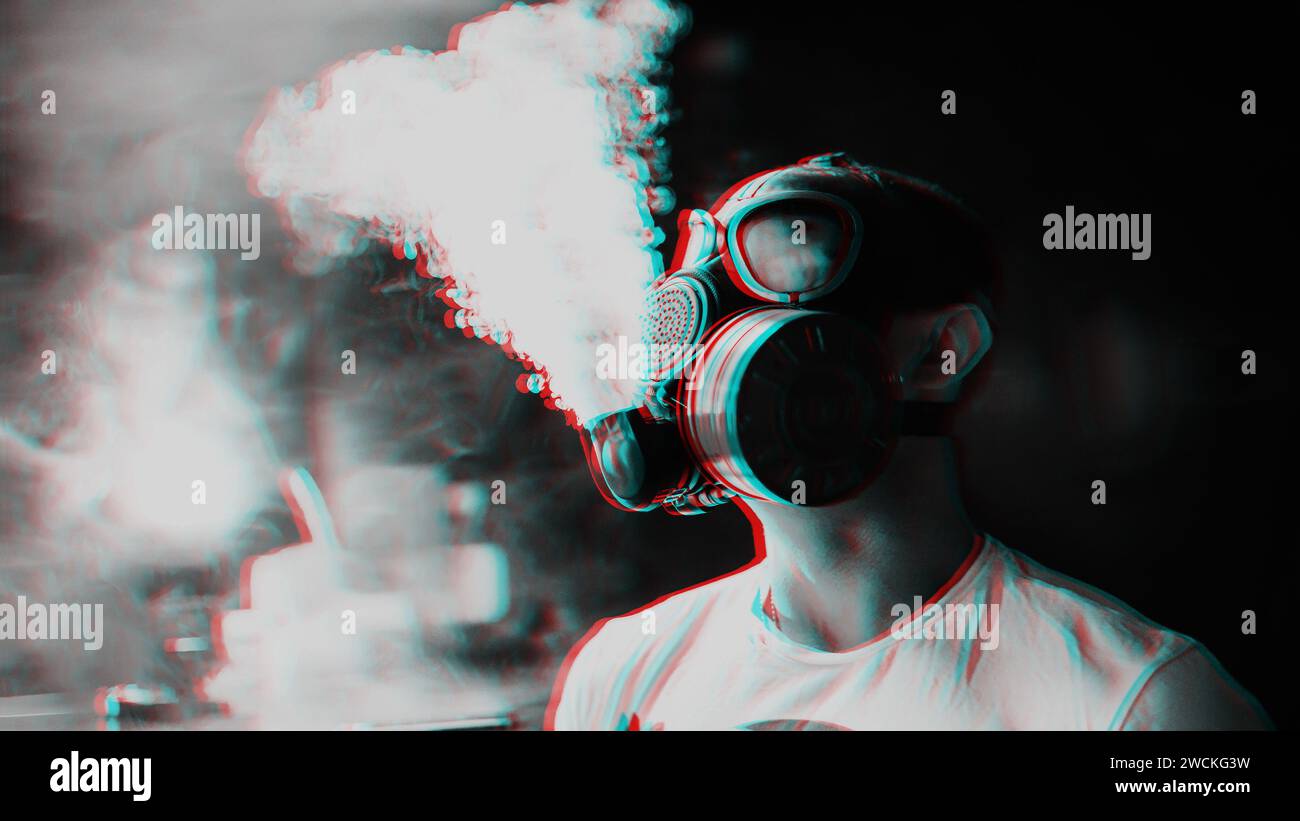 man lets clouds of hookah smoke in a gas mask. Soft focus and grain. 3D ...