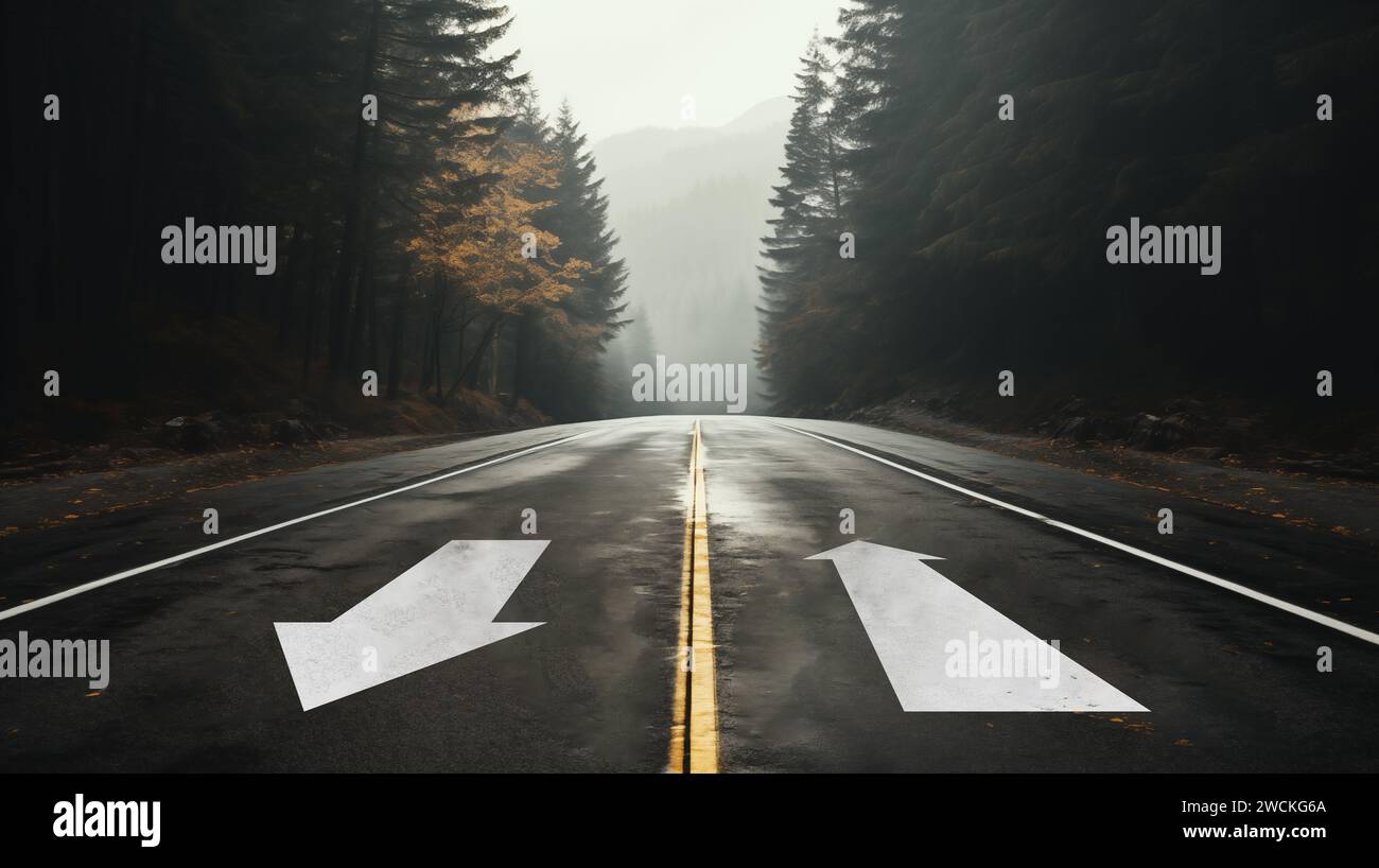 Two arrows pointing in opposite directions on an open road with trees ...
