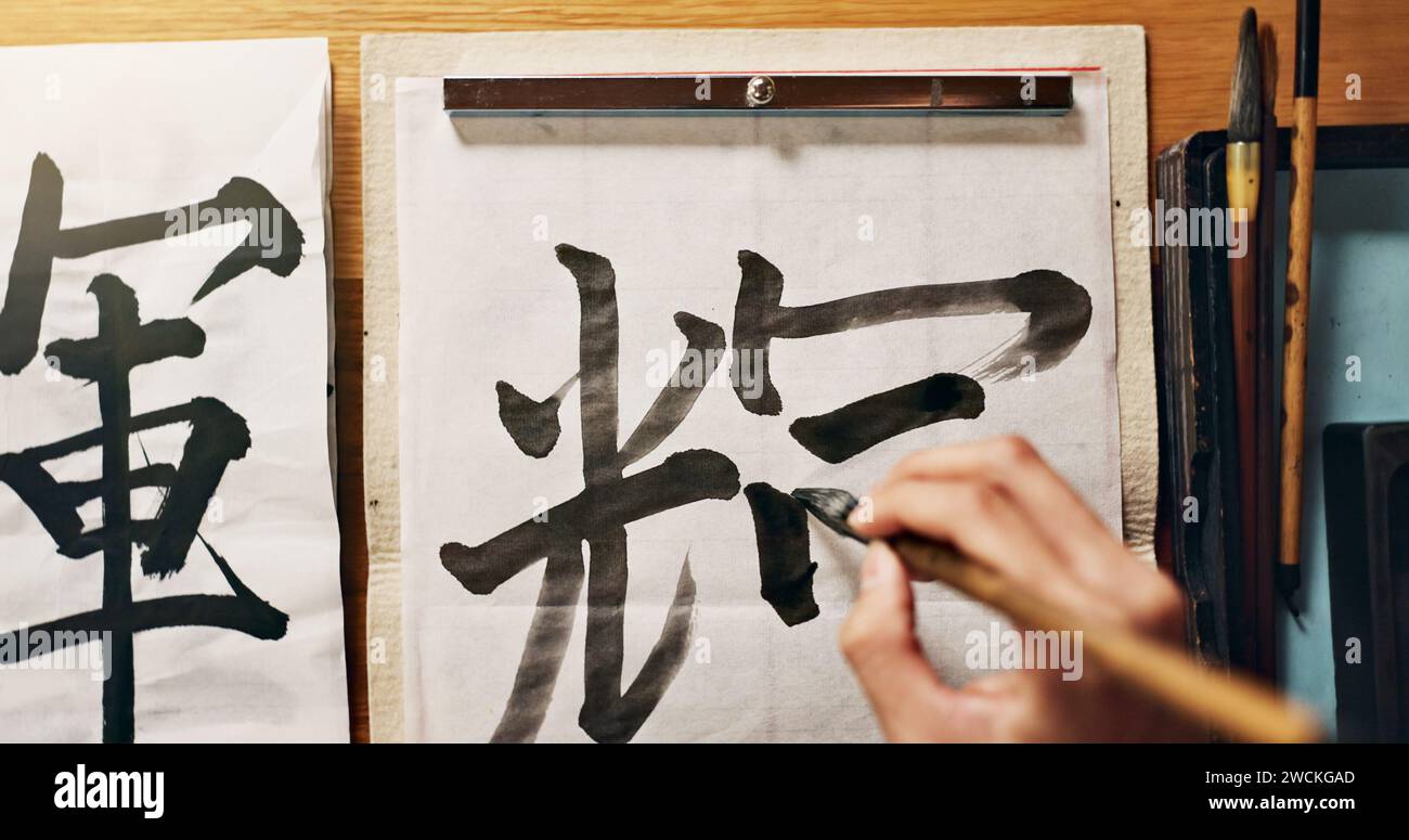 Man, calligraphy or hands of a Japanese artist in studio for art and ...