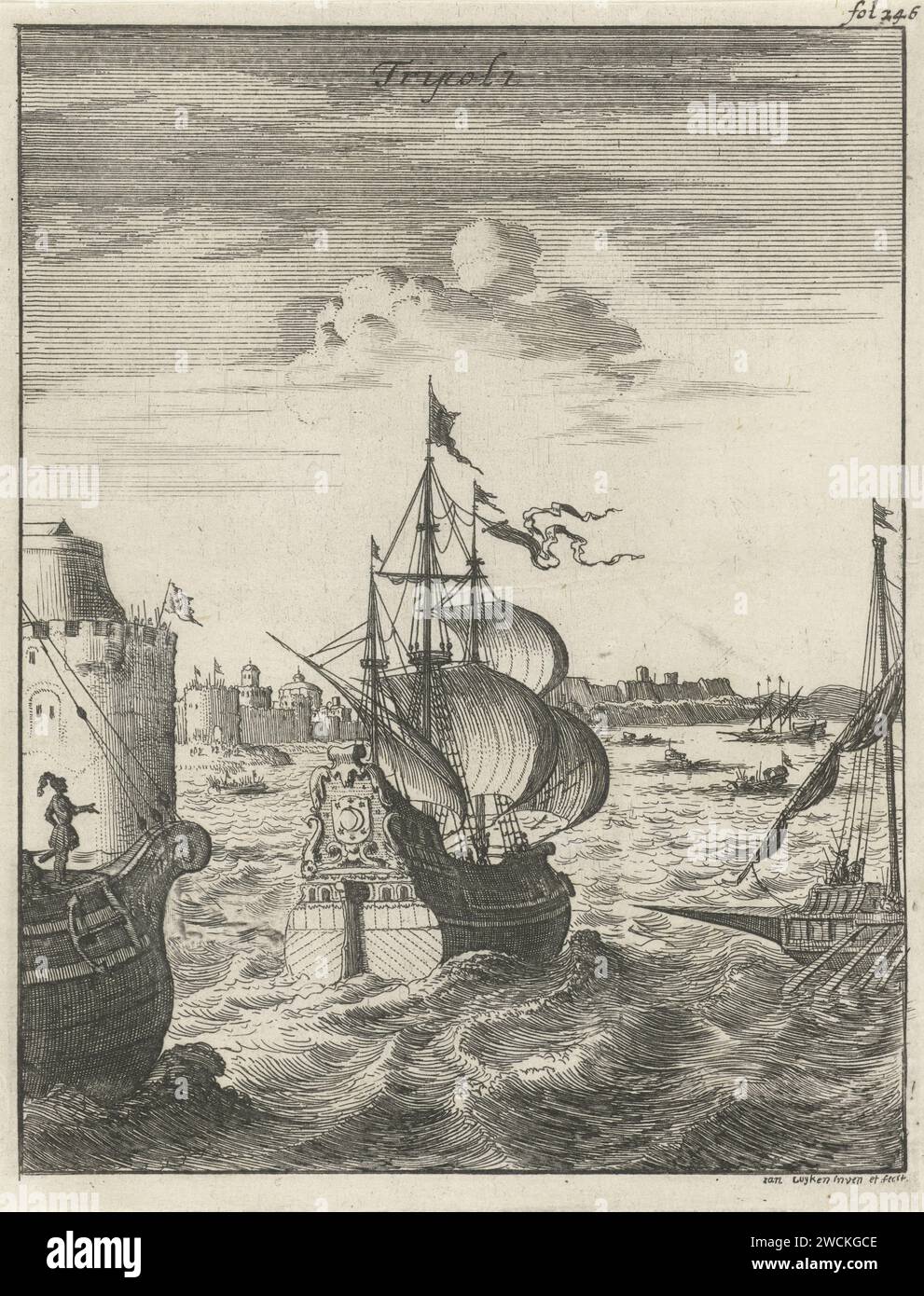 Ships enter Tripoli, Jan Luyken, 1684 print Print at the top right ...