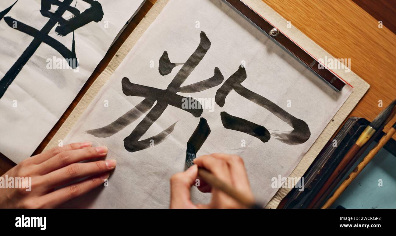 Hands writing, brush and Asian font for art and script, calligraphy ...