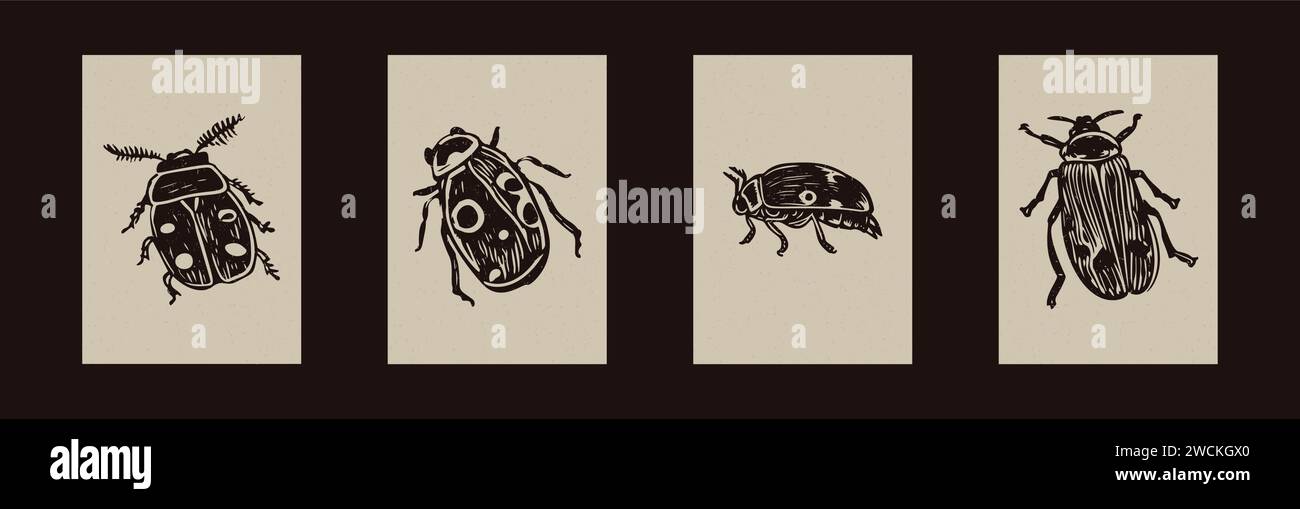 Handmade linocut bug motif clipart in folkart scandi style. Set of ...