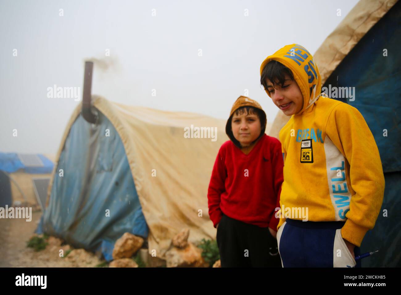 January 16, 2024: Harem, Idlib, Syria.16 January 2024. Children amid ...