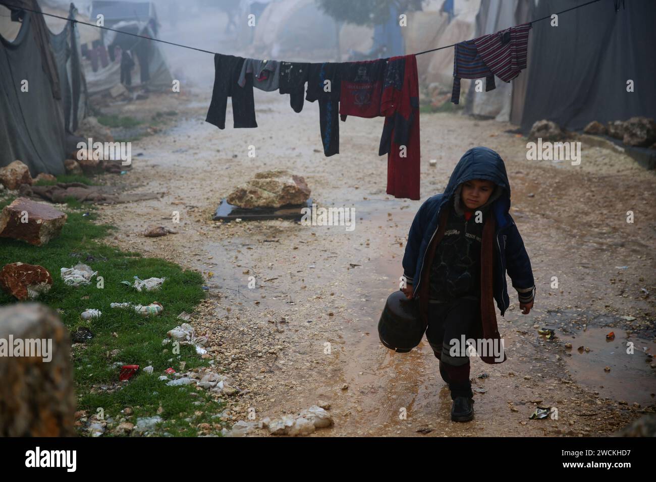 January 16, 2024: Harem, Idlib, Syria.16 January 2024. Children amid ...