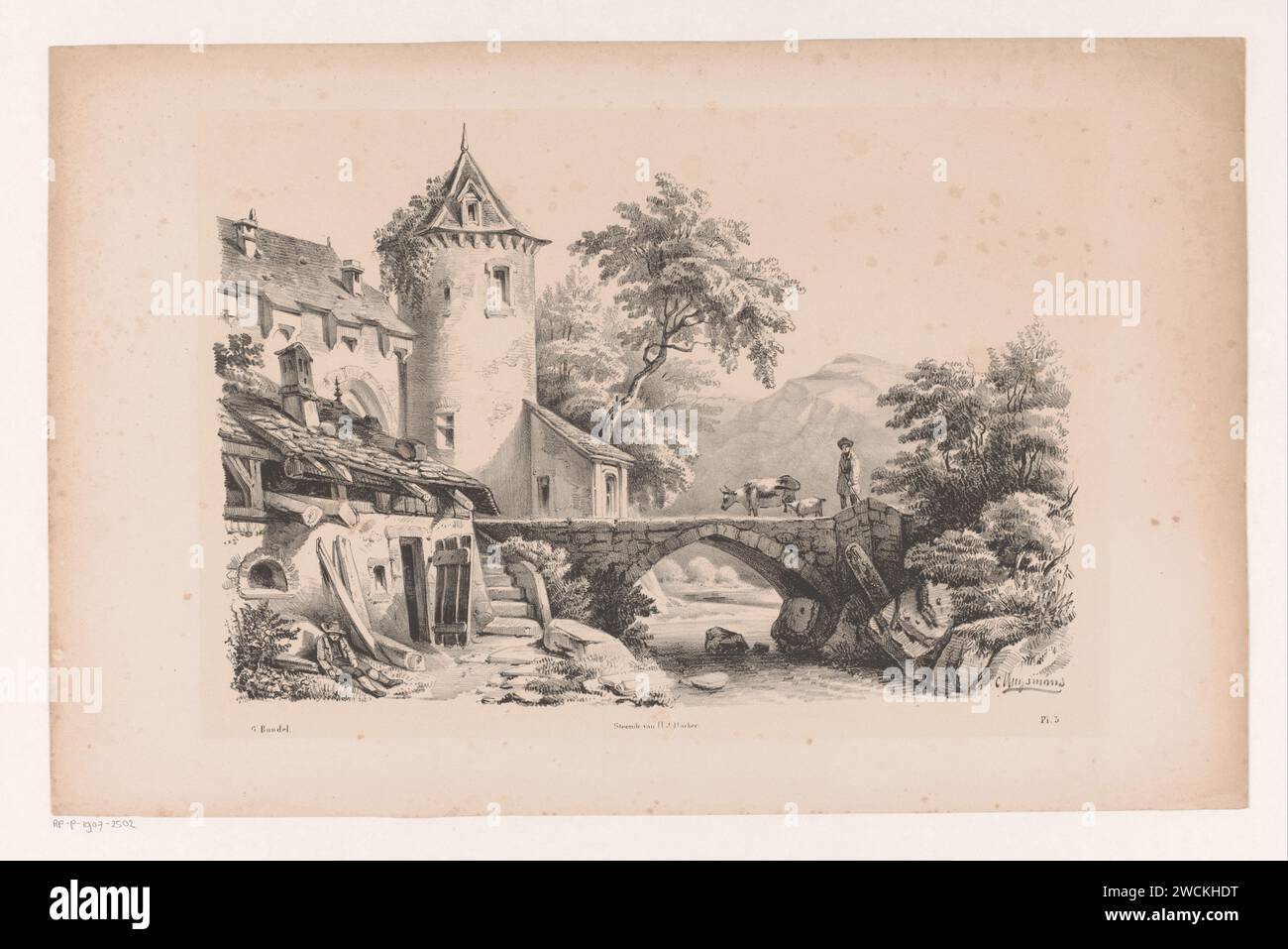 Houses and Bridge in Berglandchap, Constantinus Cornelis Huysmans, 1838 ...